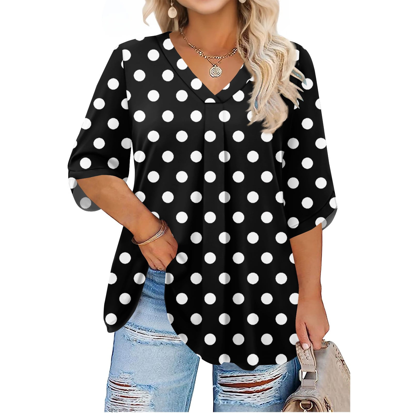 Abcomgle Plus Size Tops for Women 4x-5x Summer 3/4 Sleeve Tunics Polka Dot Graphic T-Shirt V ...