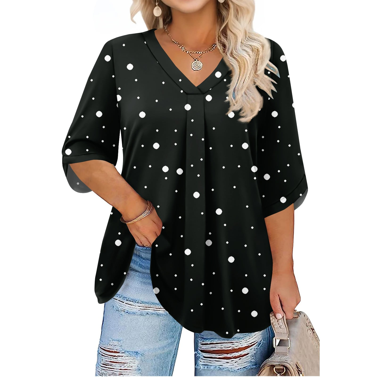 Abcomgle Plus Size Tunic Tops for Women 4x-5x Trendy 3/4 Sleeve Tops Polka Dot Print T-Shirt V ...