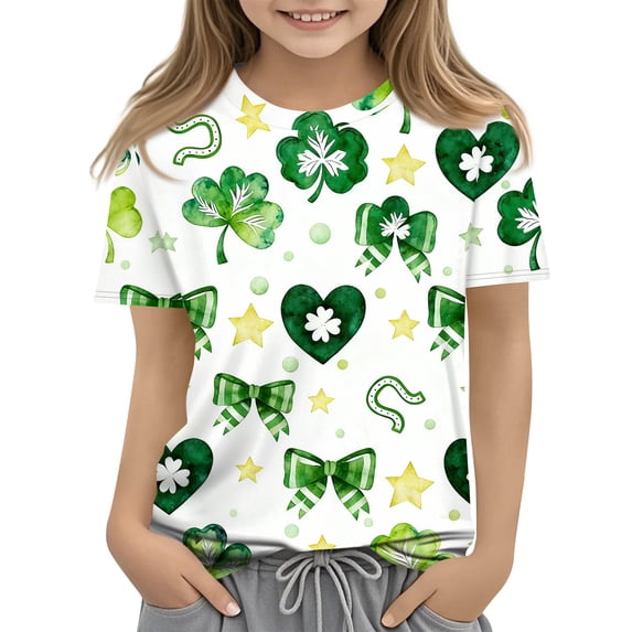 Abcomgle St. Patrick's Day Shirts for Girls Lucky Bow Clover Print T ...