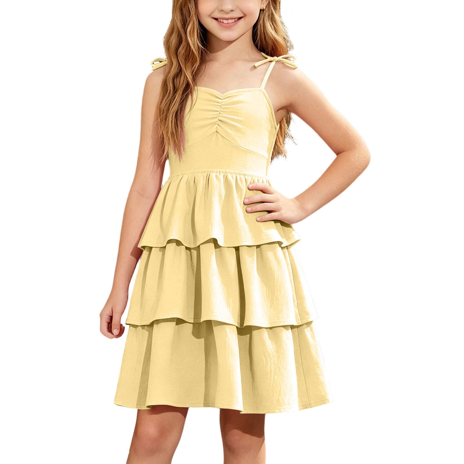 Abcomgle Summer Dress for Girls 10-12 Ruched Smocked Back Layered Midi ...