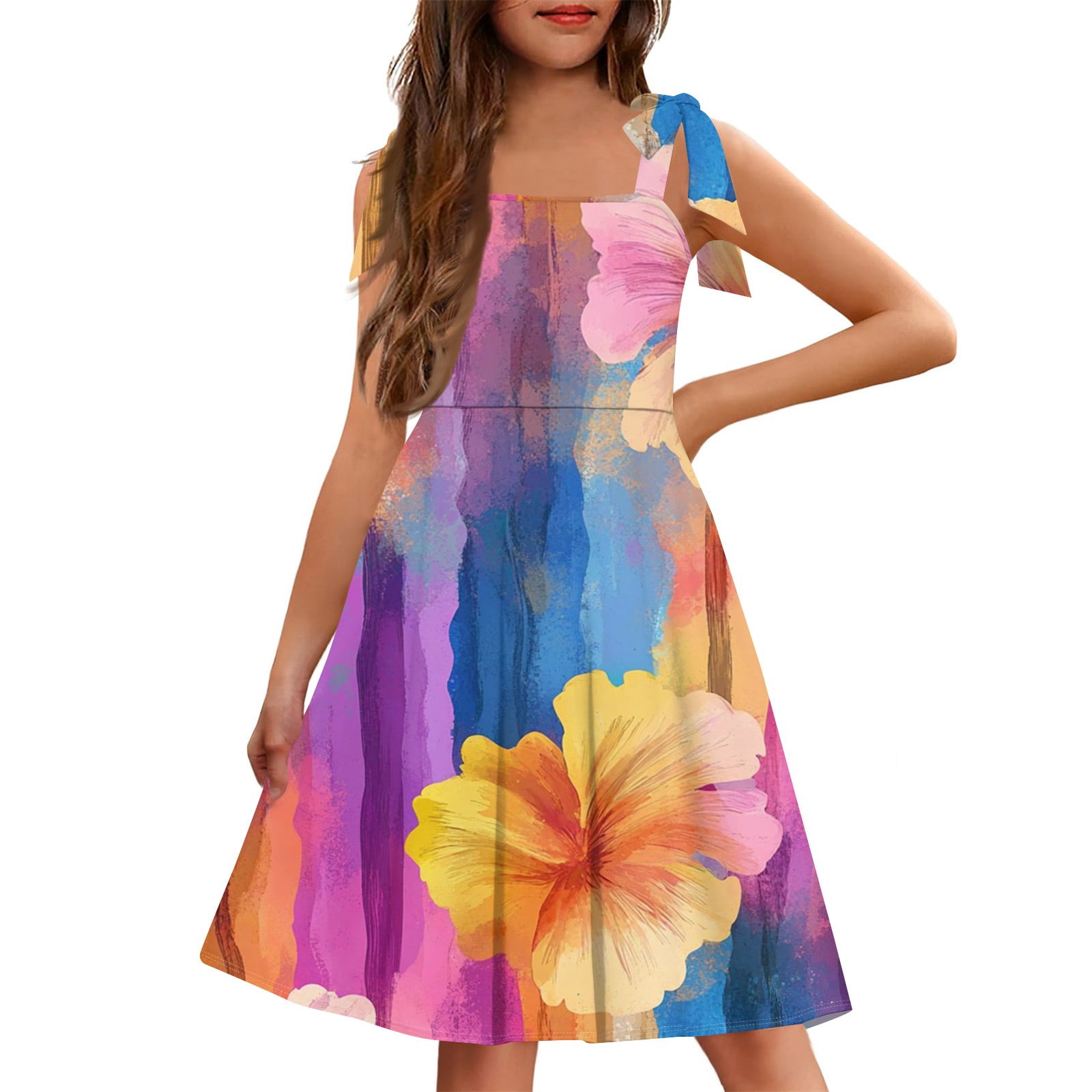 Abcomgle Summer Dress for Girls 14-16 Casual Tie Shoulder Sleeveless ...