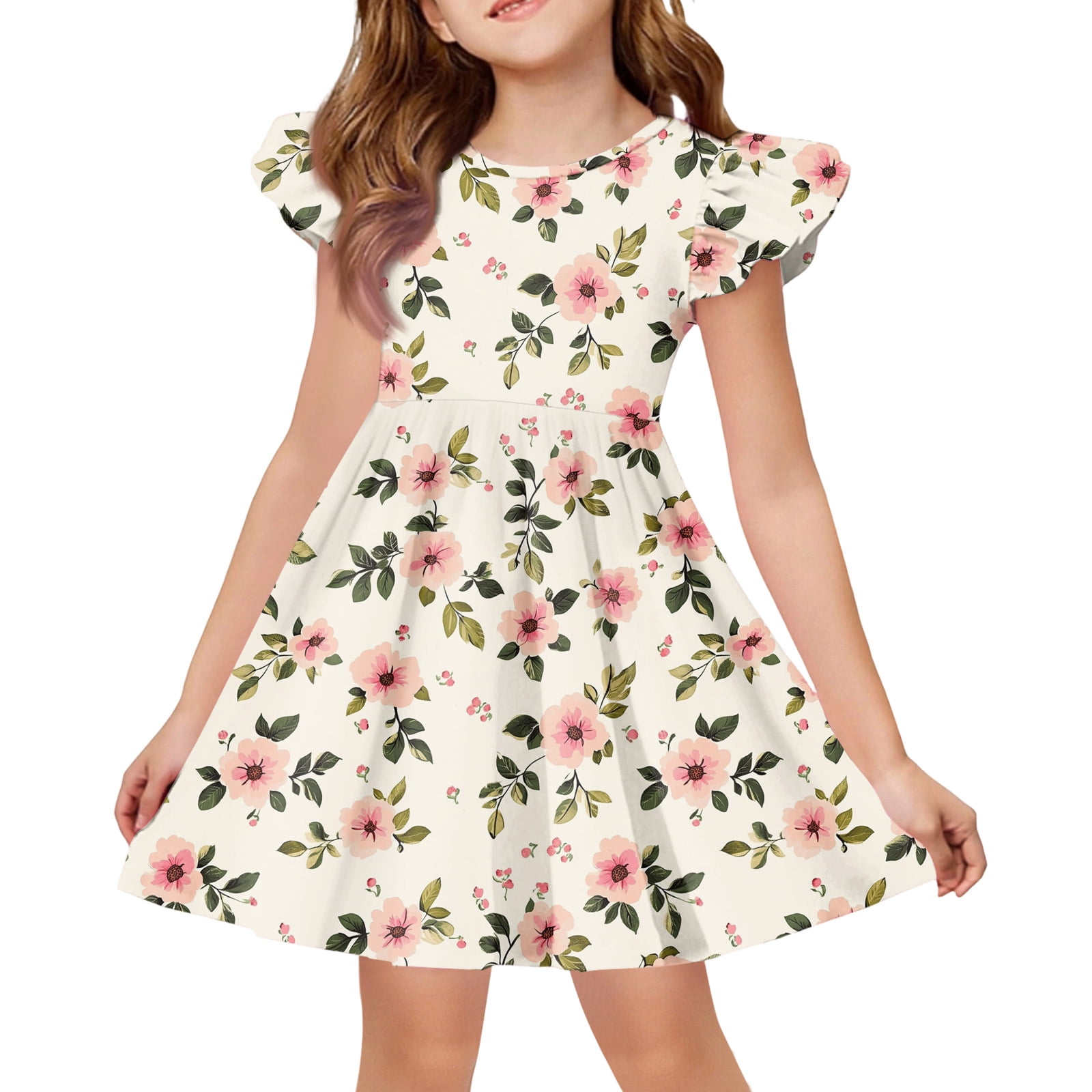 Abcomgle Summer Dress for Girls Casual A-Line Flutter Sleeve Tshirt ...