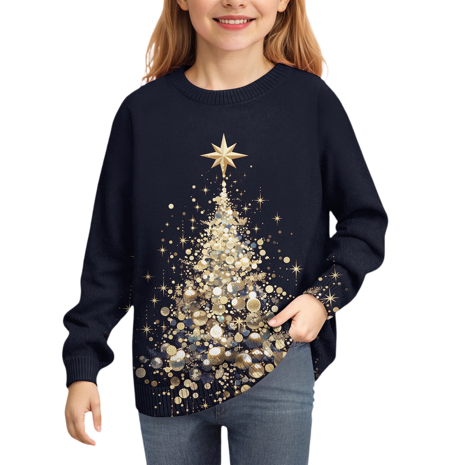 Abcomgle Sweaters for Girls Christmas Crewneck Long Sleeve Knitted ...