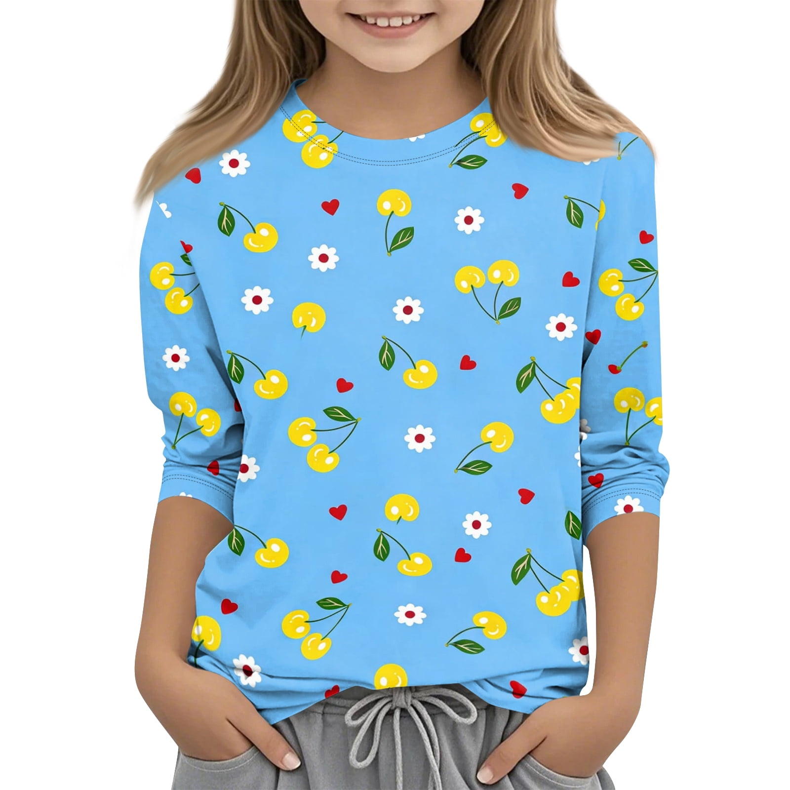 Abcomgle Tshirts for Kids Girls Crewneck Daisy Flower Cherry Print ...