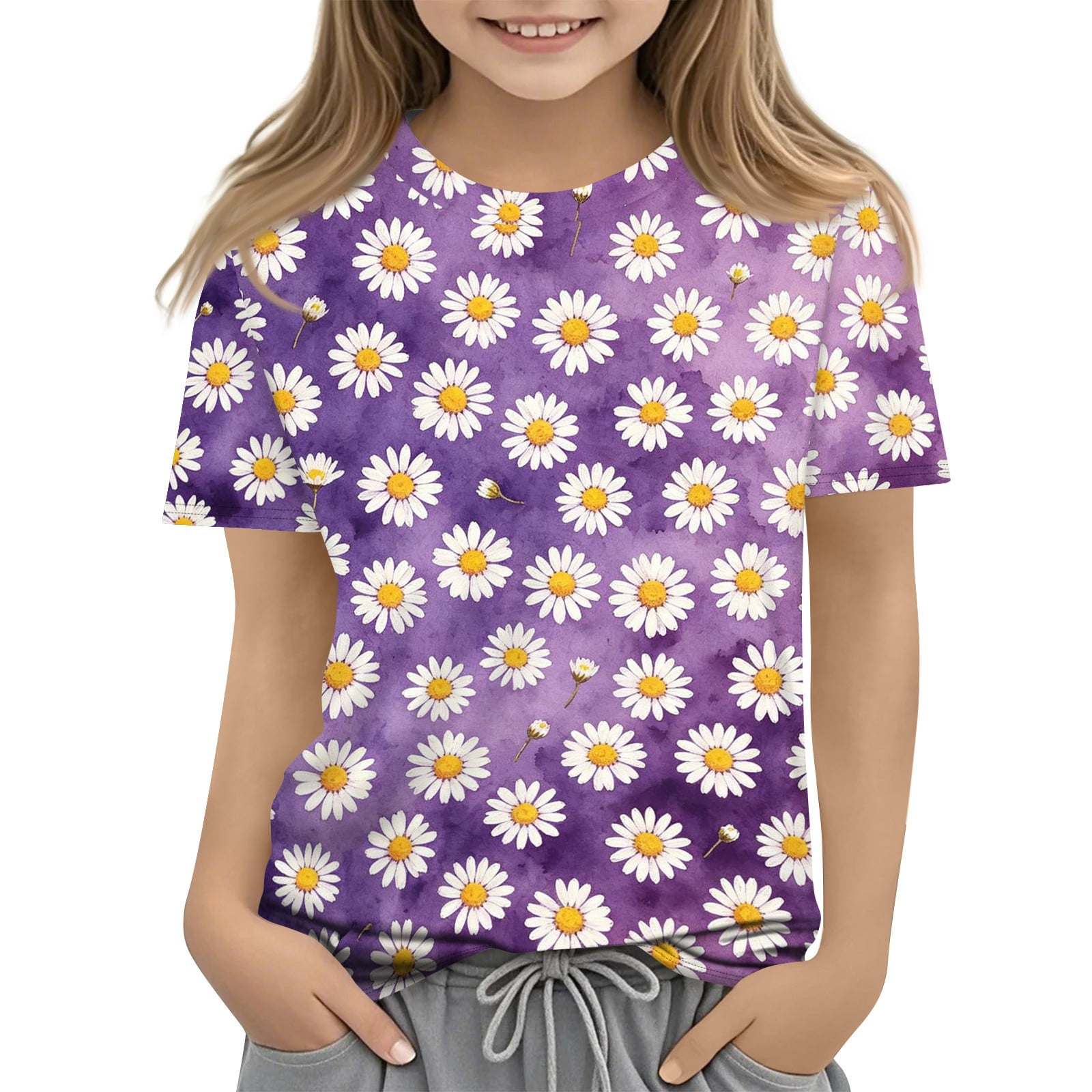 Abcomgle Tshirts for Kids Girls Crewneck Daisy Flower Print Tshirts ...