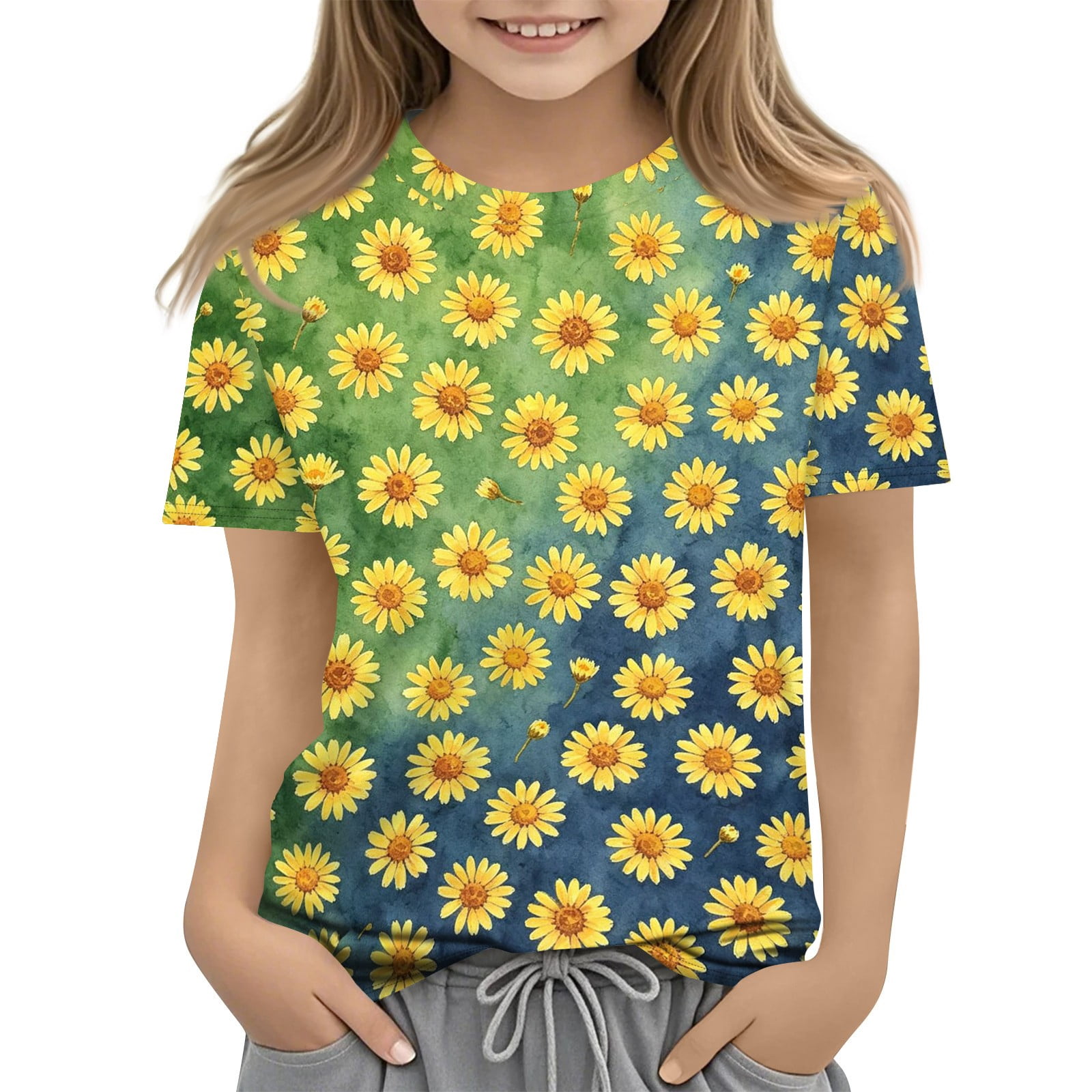 Abcomgle Tshirts for Kids Girls Crewneck Yellow Daisy Flower Print ...