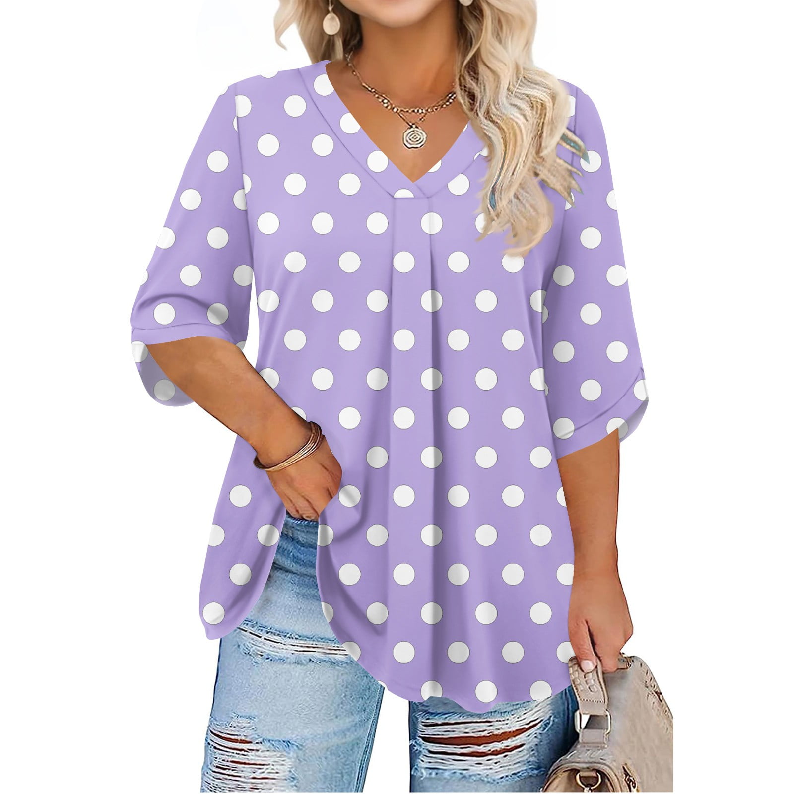 Abcomgle Womens Tops Plus Size Sexy Summer V Neck T Shirts Polka Dot Print T-Shirt 3/4 Sleeve ...