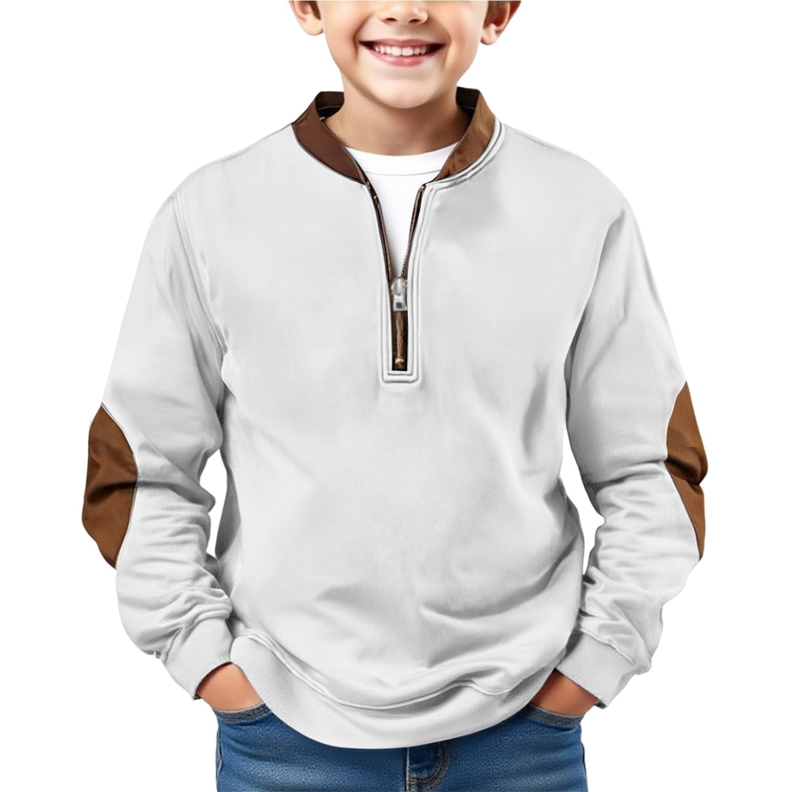 Abcomgle Youth Quarter Zip Pullover Fashion Elbow Patched Boys ...