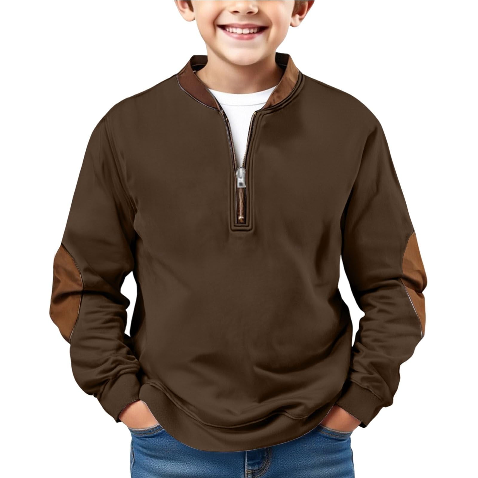 Abcomgle Youth Quarter Zip Pullover Fashion Elbow Patched Kids Pullover ...