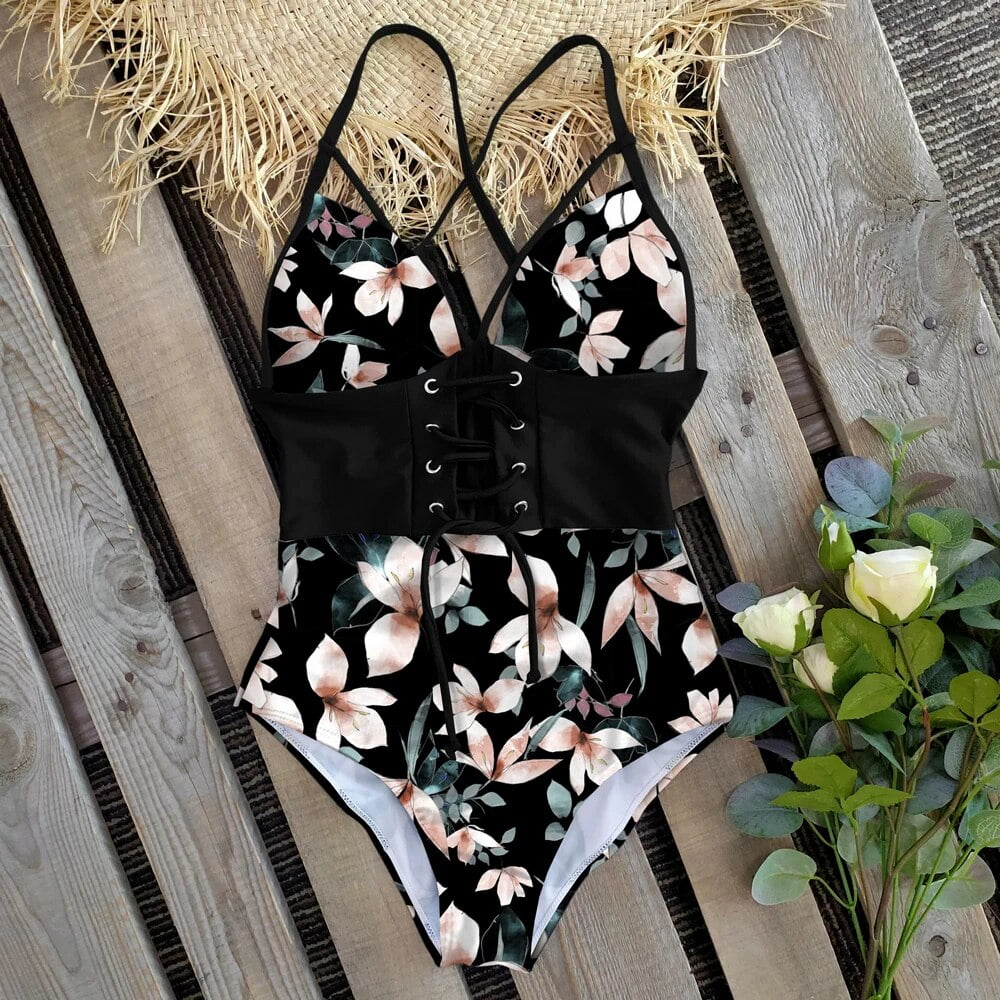 Abdomen Control Wasit Push Up Swimsuit Print Swimwear Vintage Retro ...