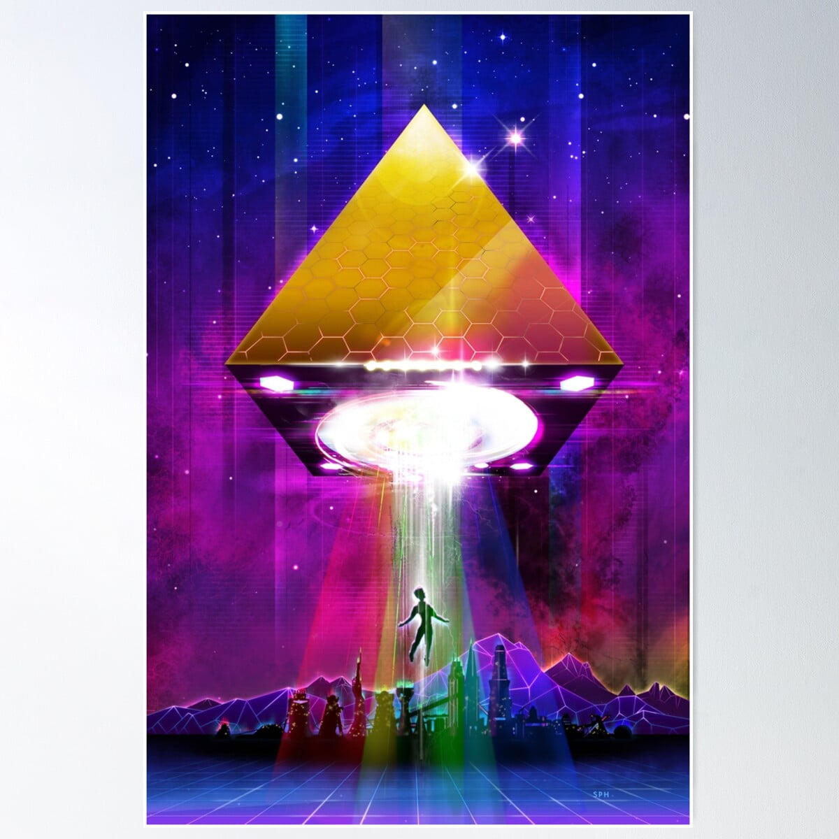 Abduction (Tetra) - Retro Synthwave Ufo Pyramid Poster Wall Art, Modern ...