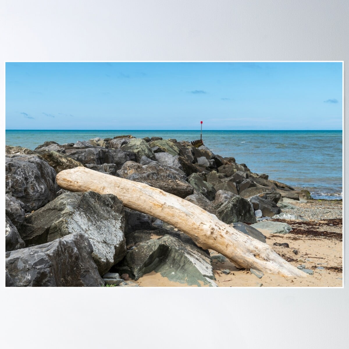 Aberaeron Beach - Rocks & Large Drift Wood Log Poster Wall Art, Modern ...