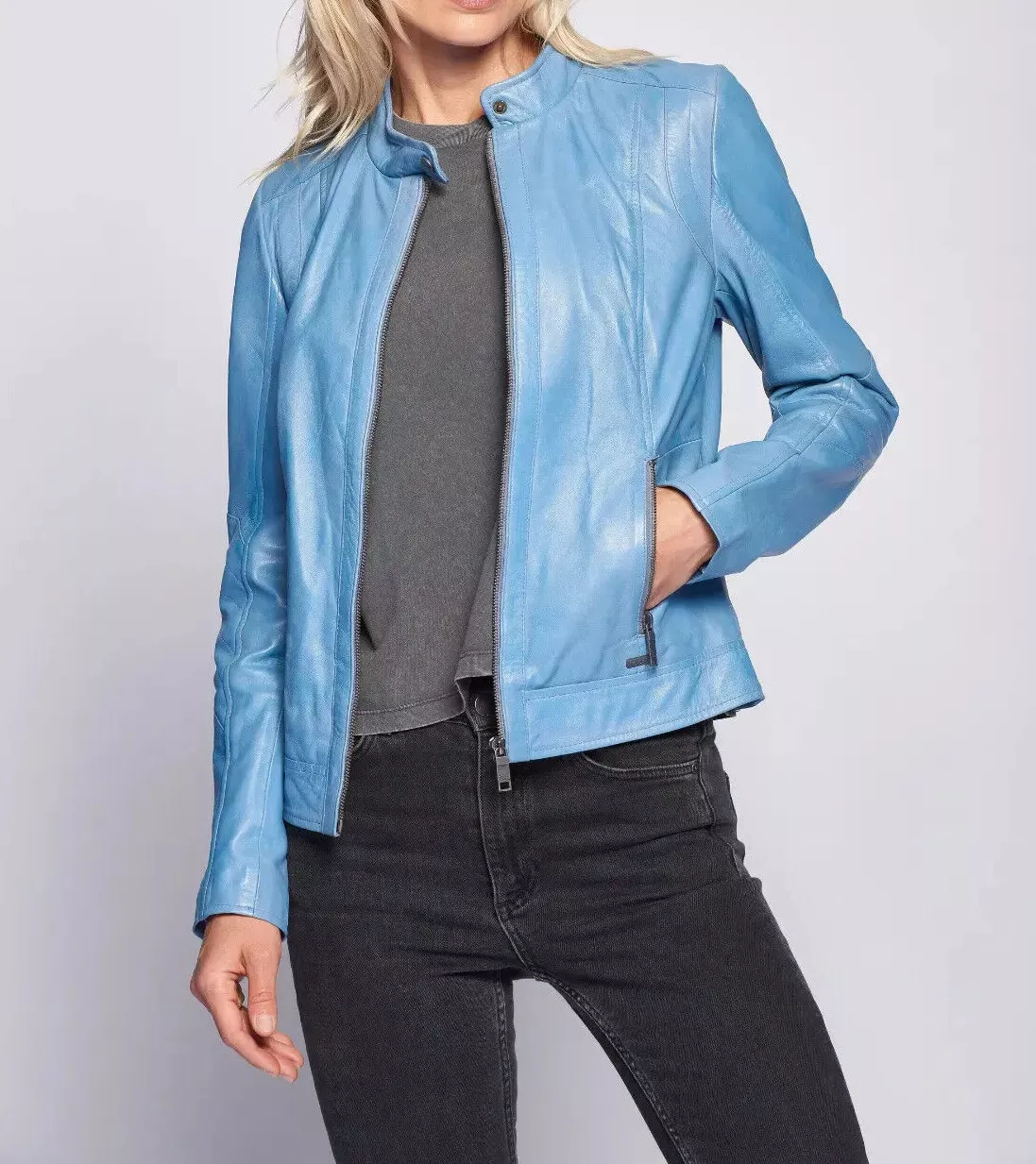 Abez Light Blue Women's Motorcycle Biker 100% Pure Lambskin Leather Jacket Party Wear Jacket ...