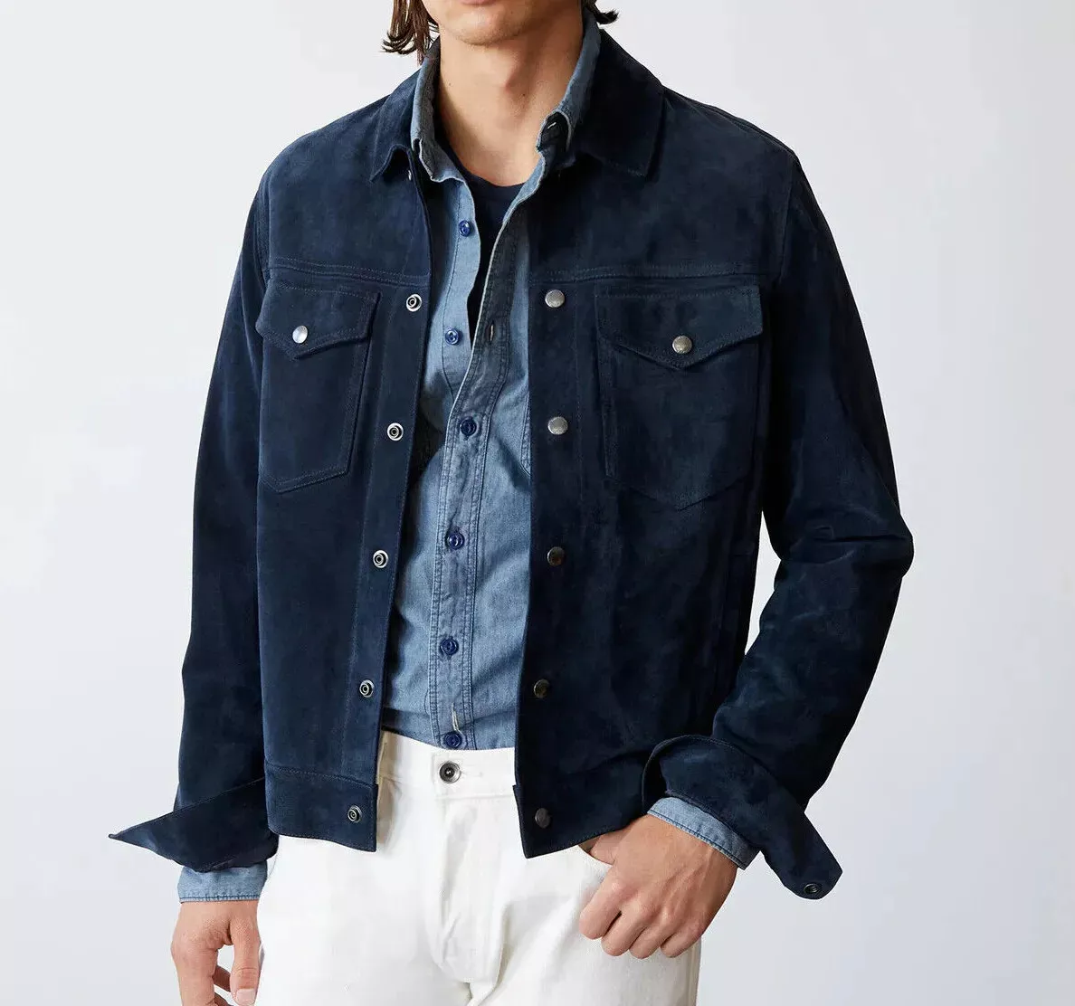 Abez Men's Navy Blue Racer Leather Jacket Pure Suede Cafe Biker Motar ...