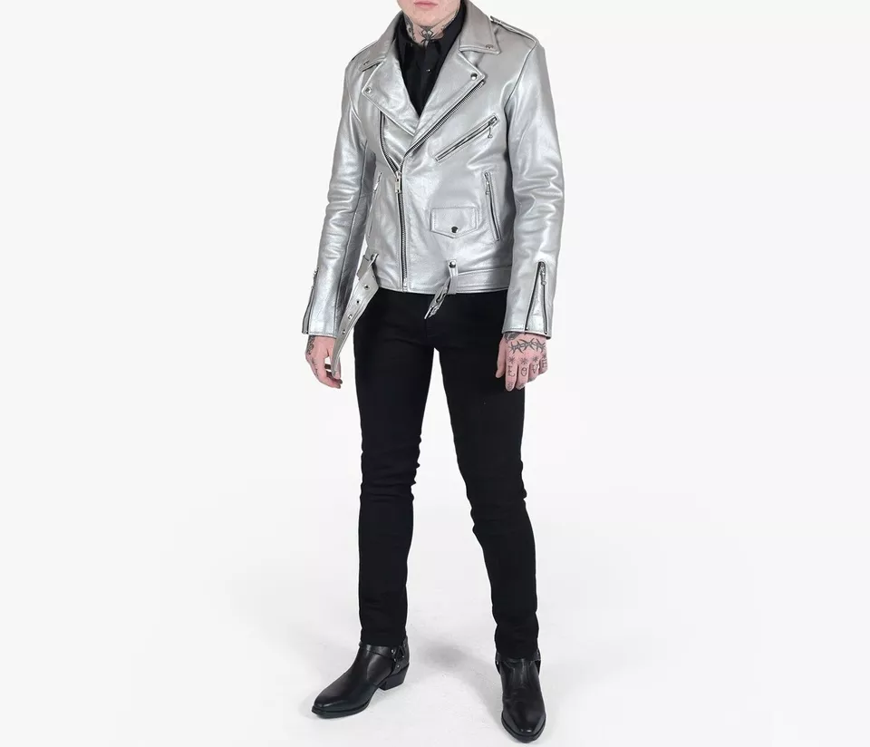 Abez Men's Silver Biker Leather Jacket Real Lambskin Motorcycle Racer ...