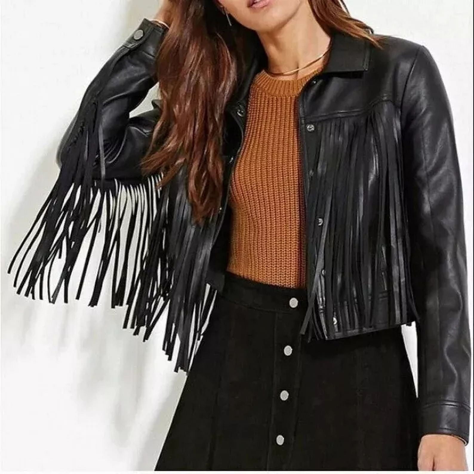 Abez Women's Black Pure Lambskin Leather Fringe Motorcycle Biker Tassel ...