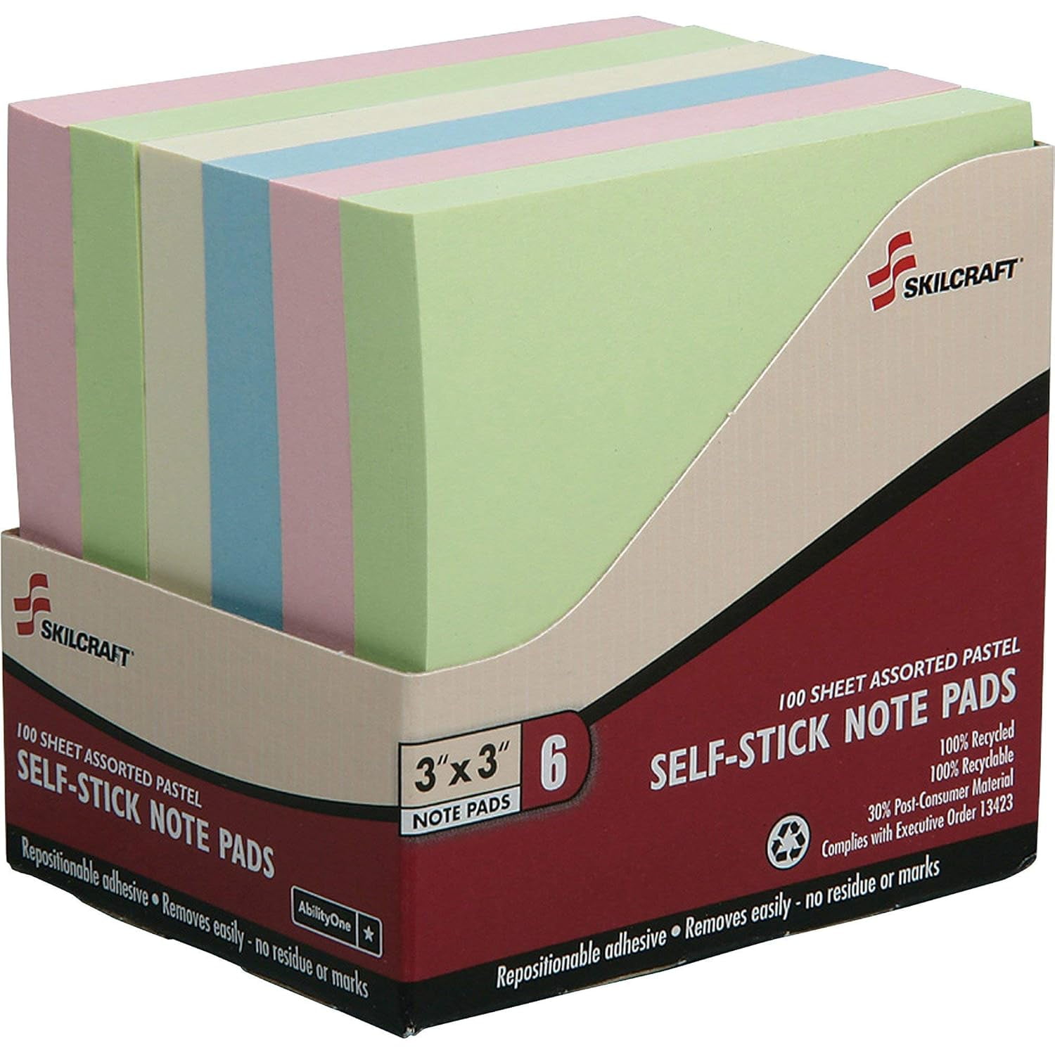 AbilityOne 4850731 Skilcraft Self-Stick Plain Note Pad, Assorted Pastel ...
