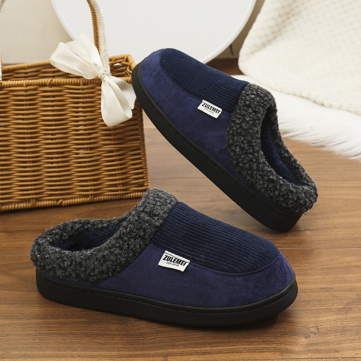 Ablanczoom Mens Slippers: House Shoes Memory Foam Non-Slip Fuzzy Faux ...