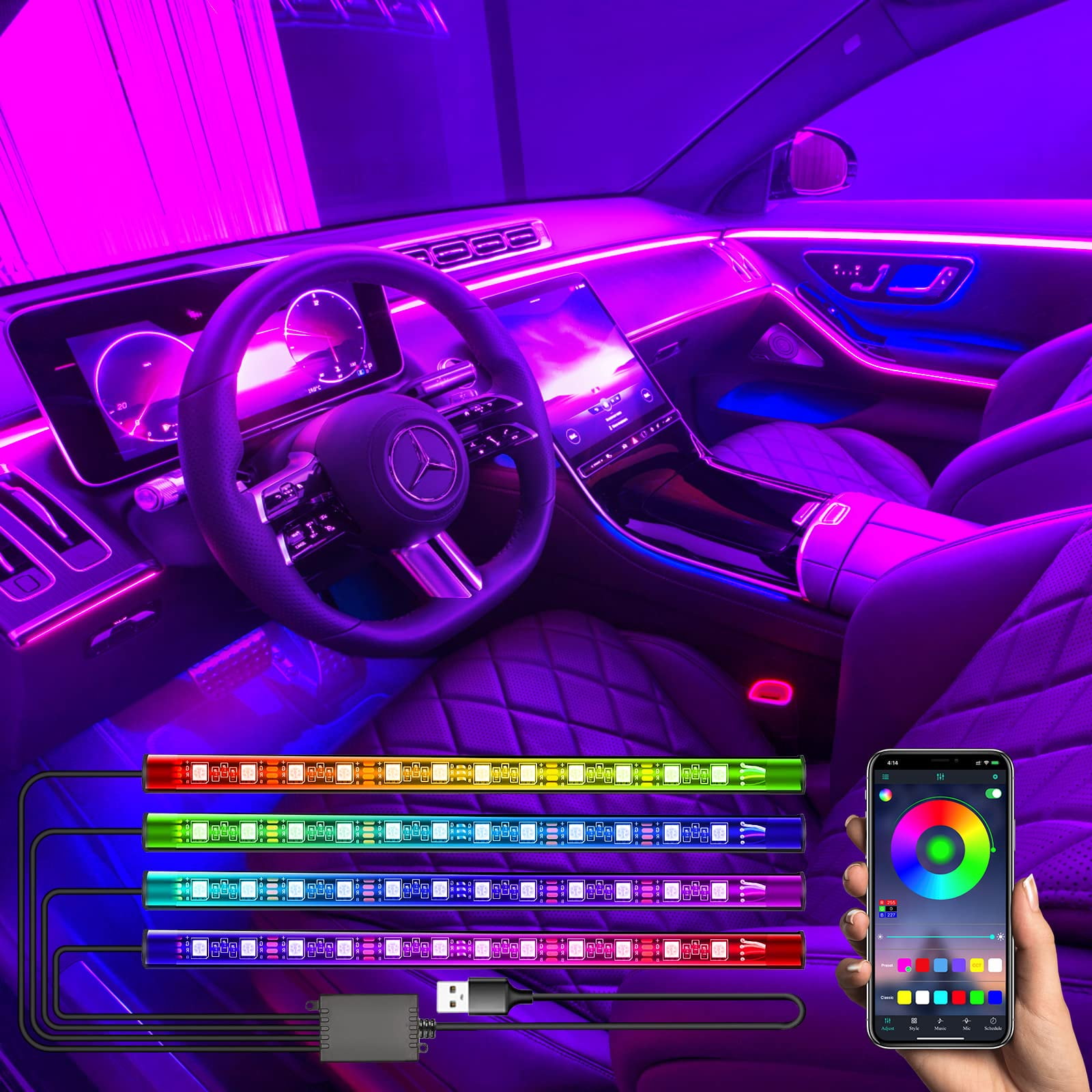 Abnija 48-LED RGB Car Interior LED Strip Light Kit | Music Sync, APP ...