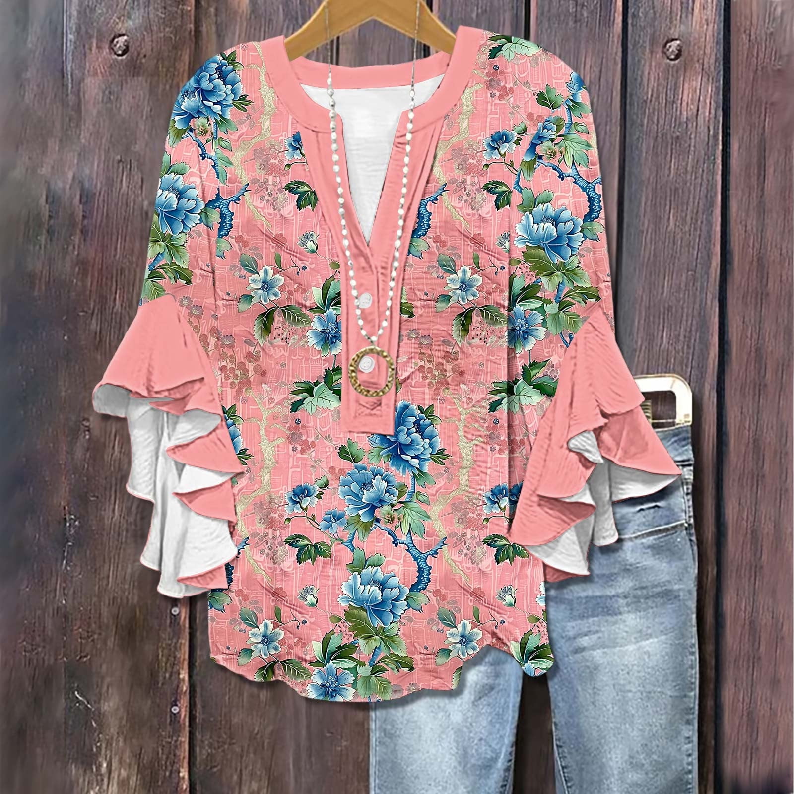 Abomasnow Boho Tops for Women Dressy Casual Floral Print Ruffle 3/4 ...