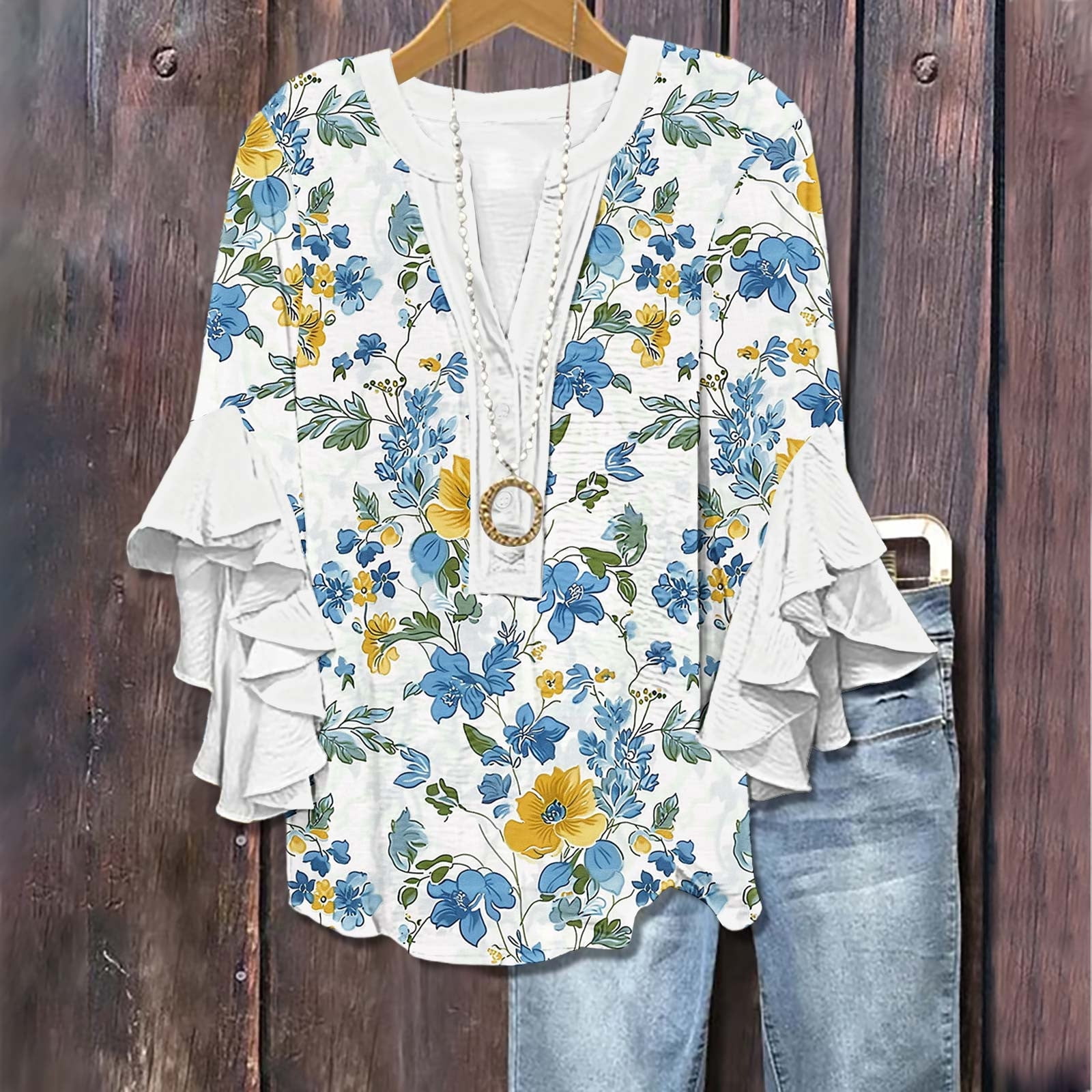 Abomasnow Boho Tops for Women Dressy Casual Floral Print Ruffle 3/4 ...