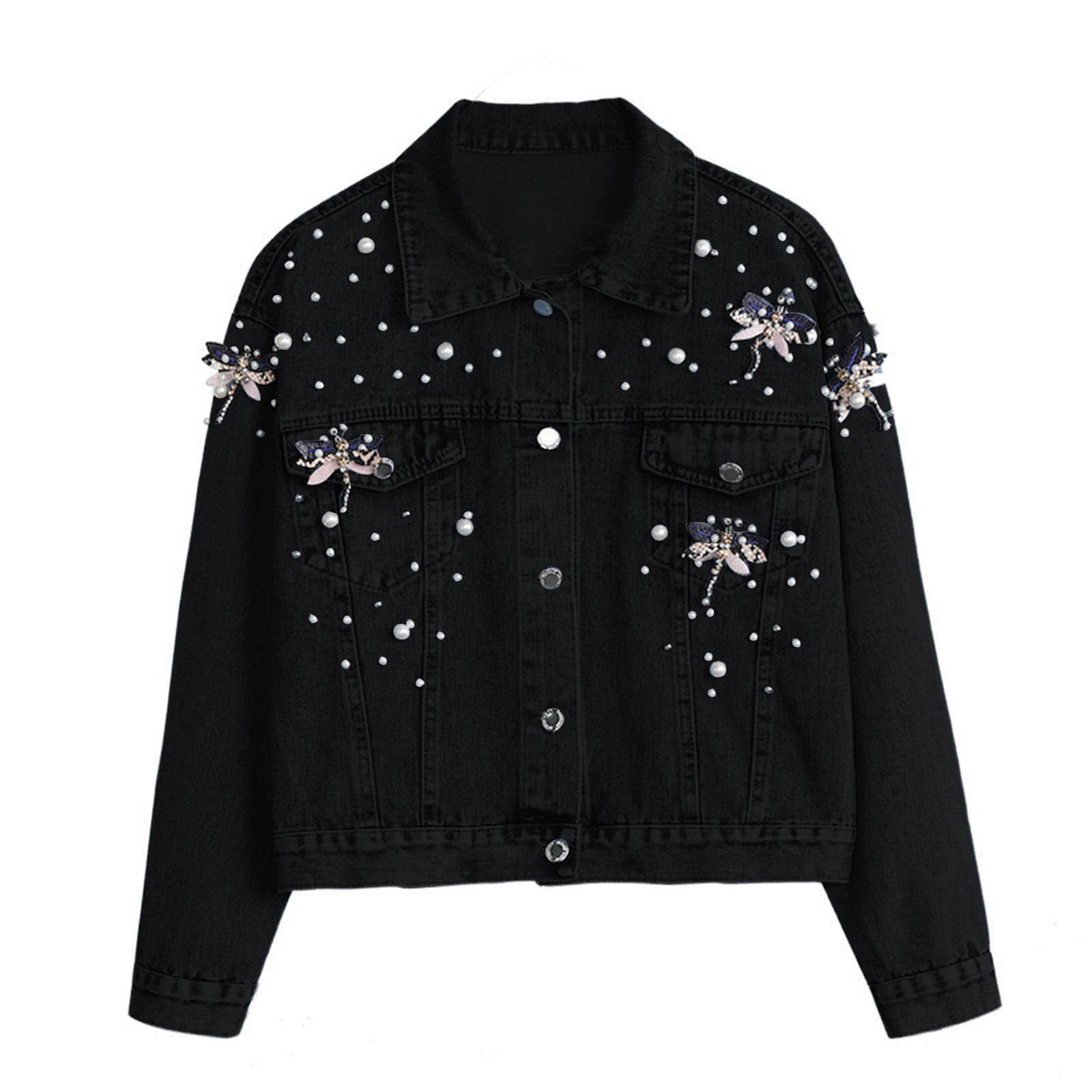 Abomasnow Cropped Denim Jacket for Women Long Sleeve Pearls Beading ...