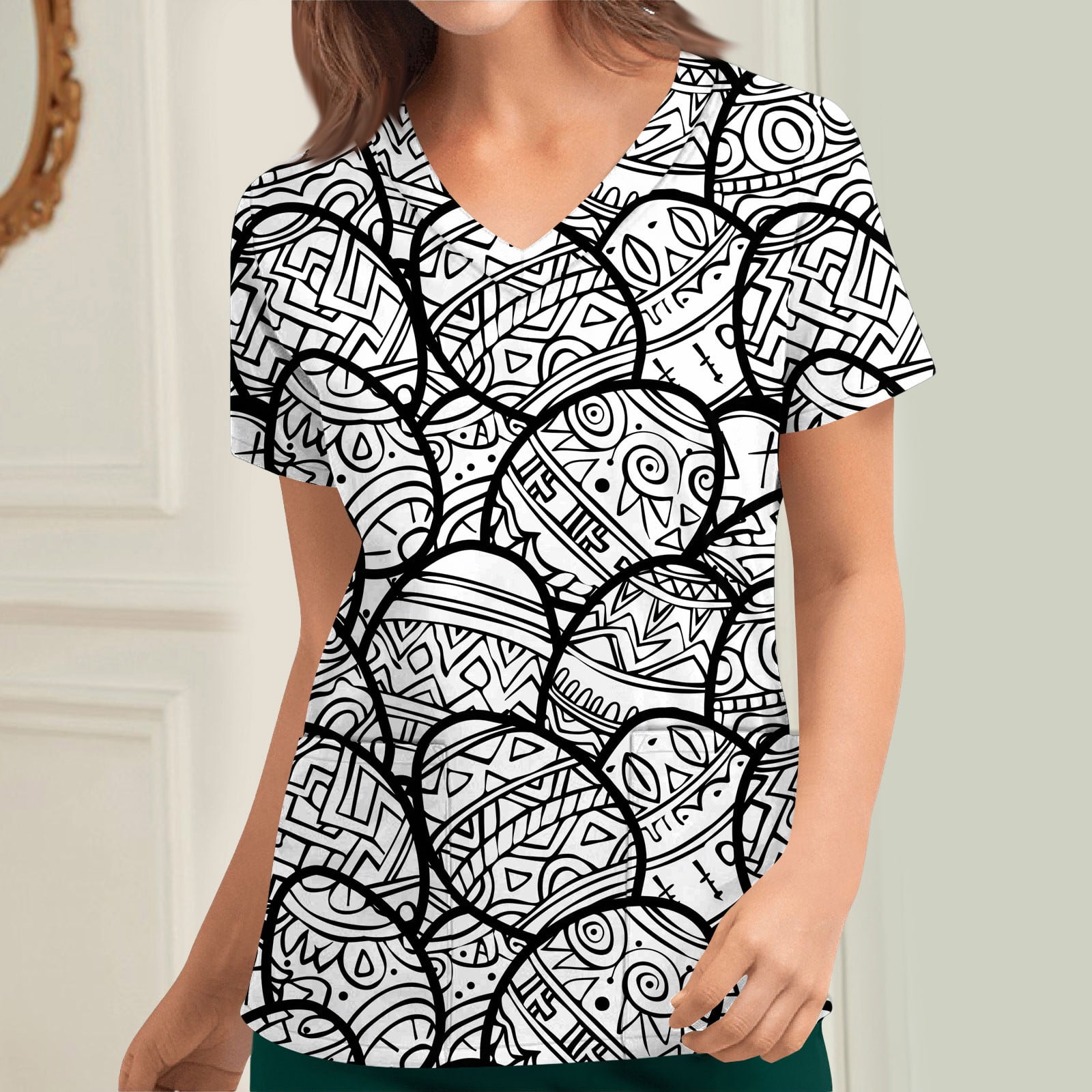 Abomasnow Cute Printed Scrub Tops Women 2025 Summer Short Sleeve V Neck ...