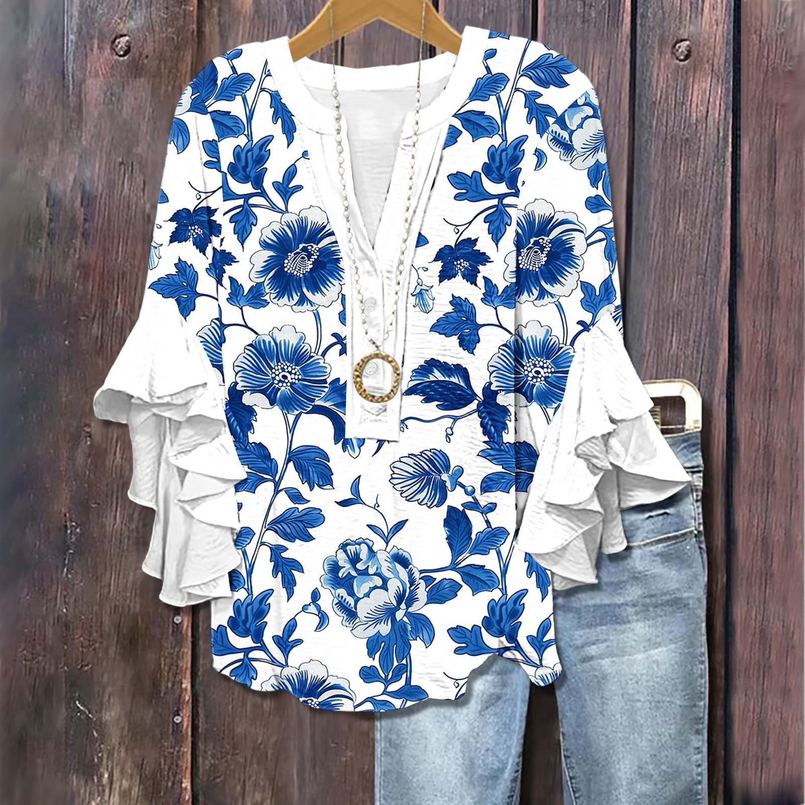 Abomasnow Floral Shirts for Women Dressy Casual V Neck Ruffle Sleeve ...