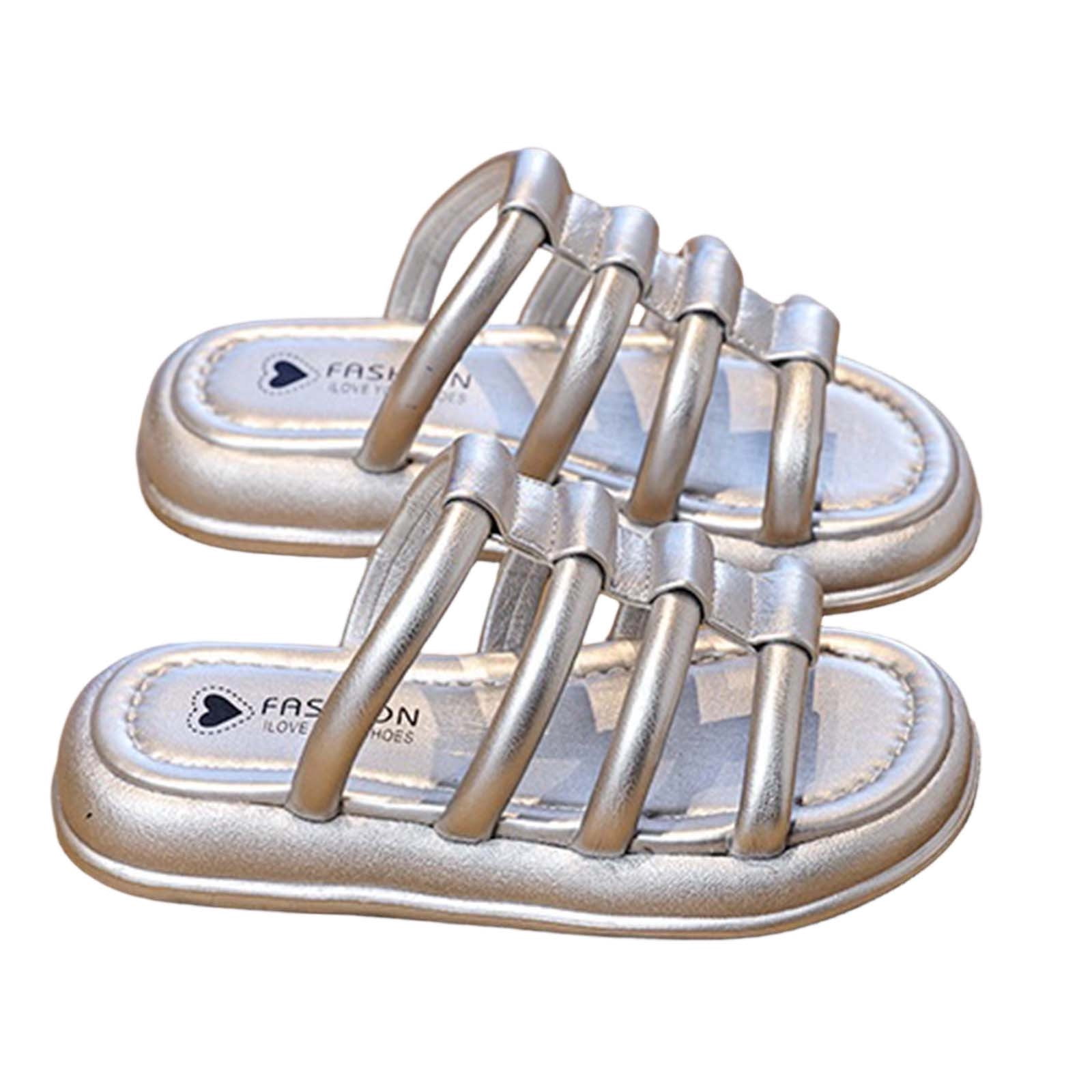 Abomasnow Girls Metallic Open Toe Slide Sandals Multi Strap Flat Slip ...