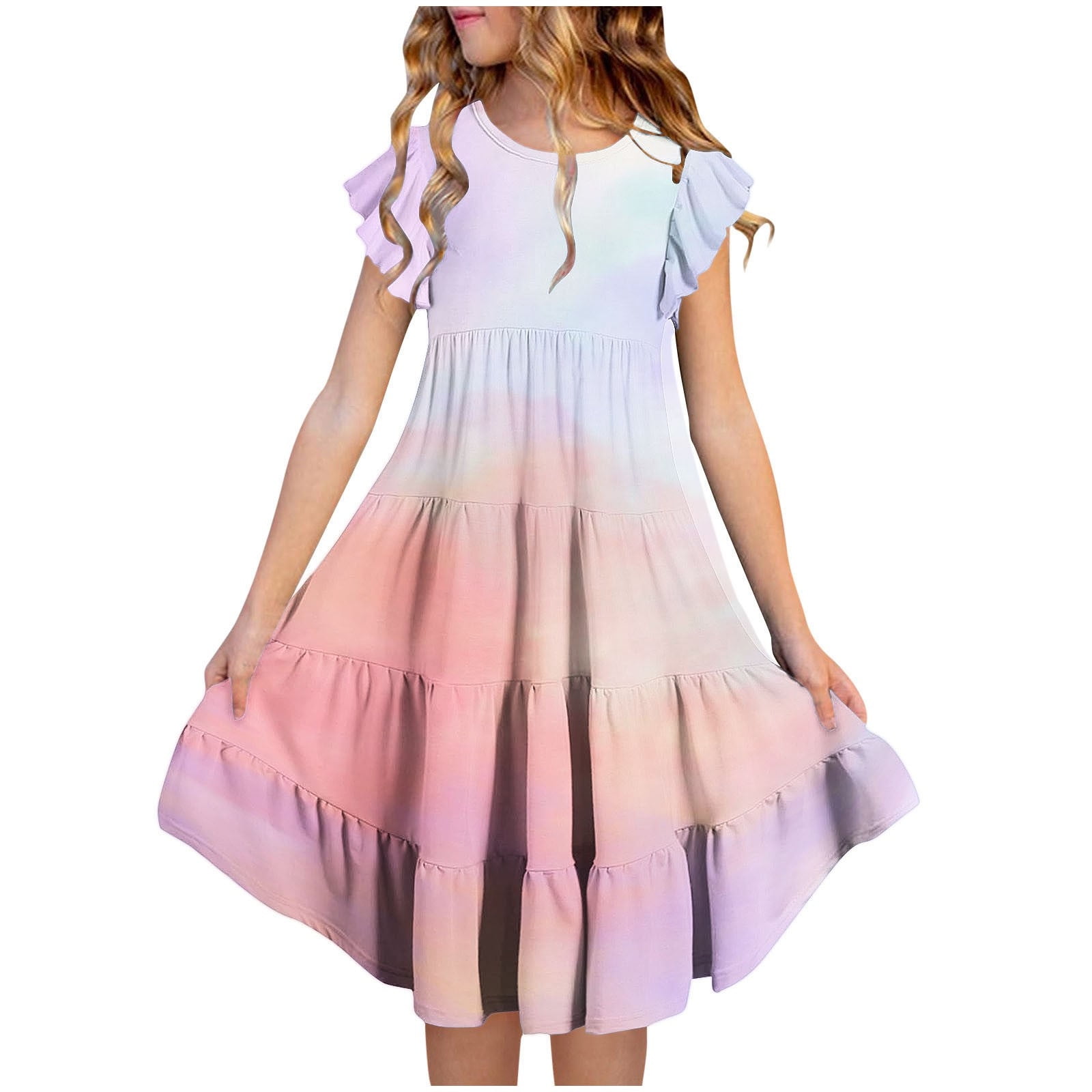 Abomasnow Girls Summer Dresses Double Layer Flutter Sleeve Flowy A-Line ...