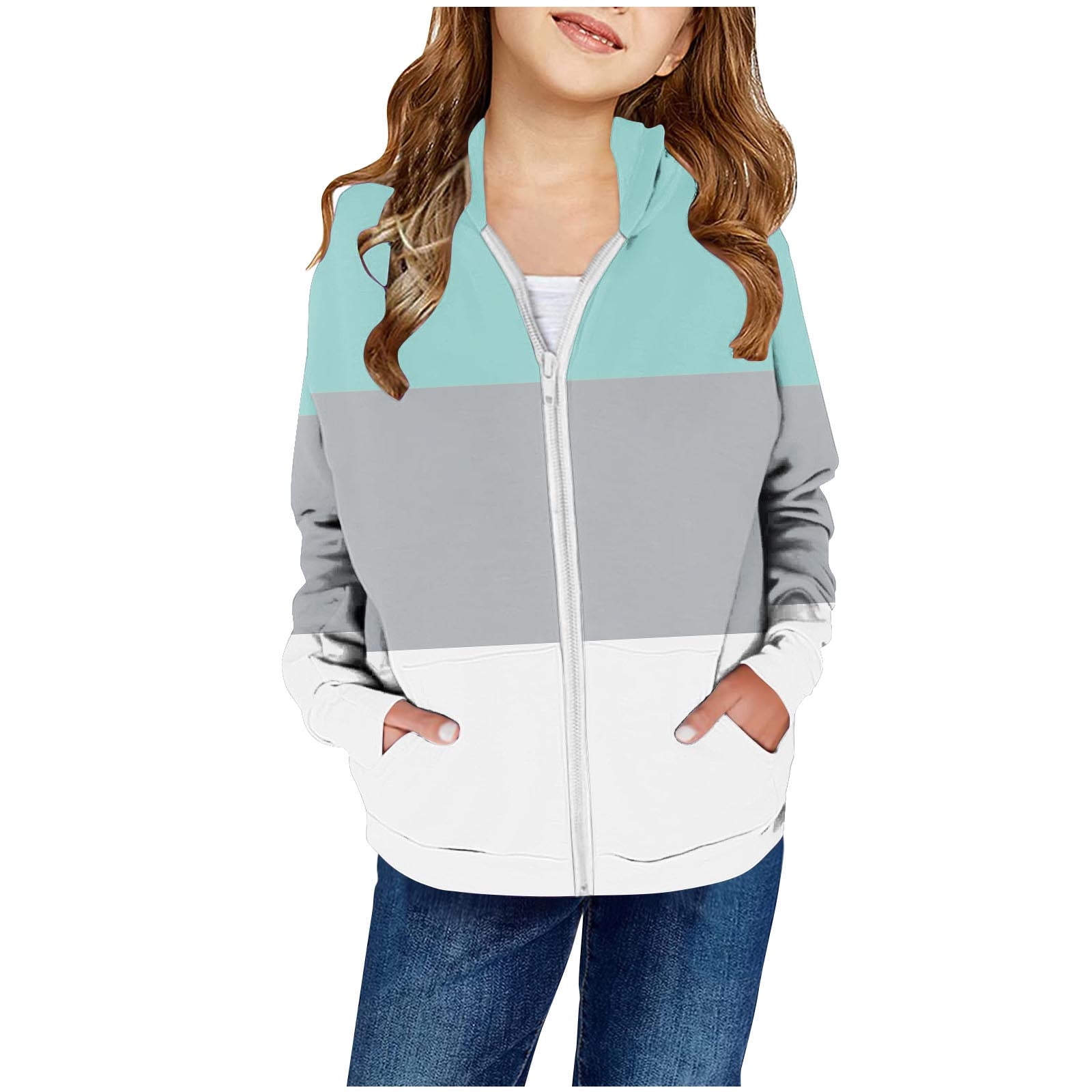 Abomasnow Girls Zip Up Hoodie Casual Long Sleeve Jacket Lightweight Color Blocking Sweatshirt ...