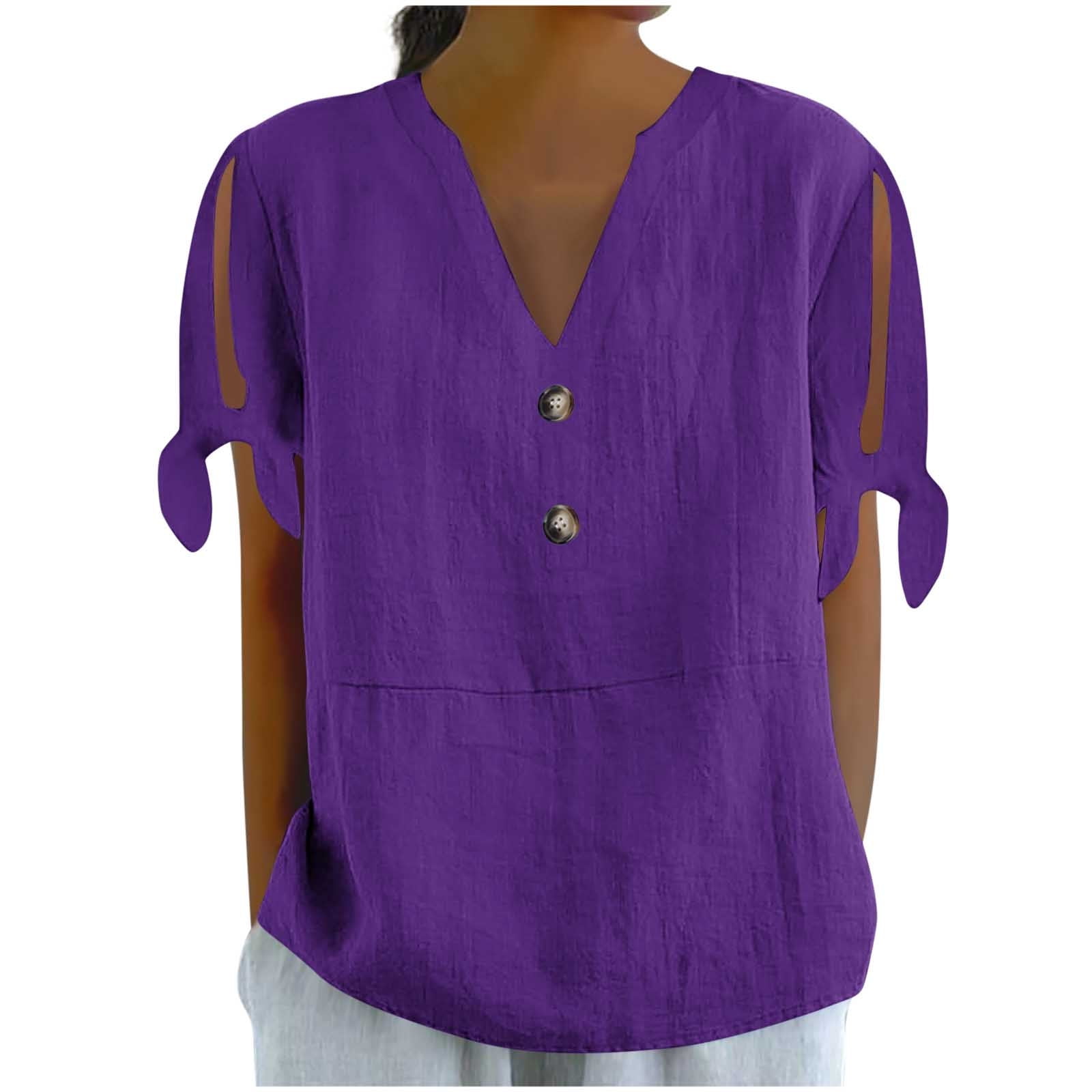 Abomasnow Linen Shirts for Women V Neck Button Down Blouse Short Sleeve ...