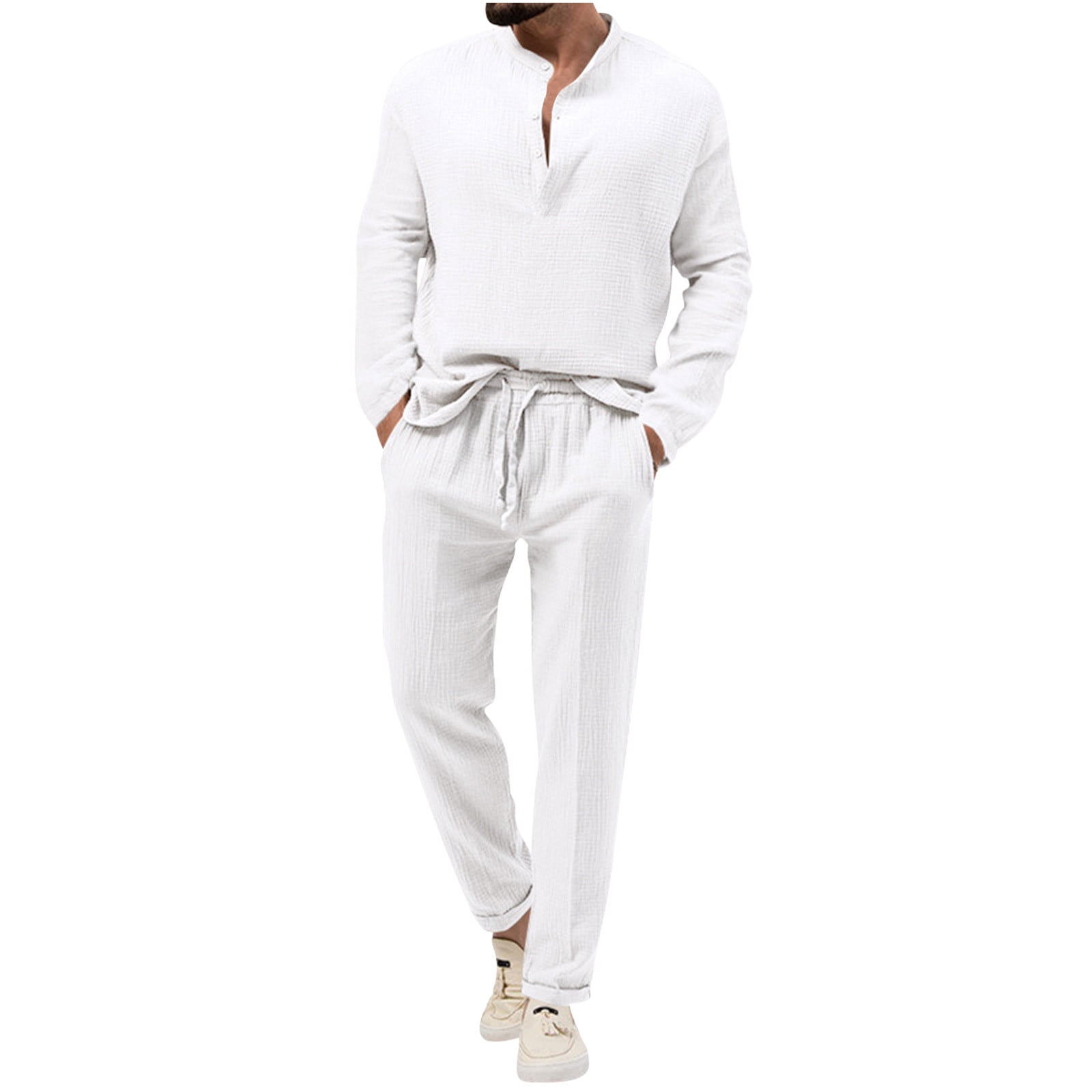Abomasnow Men's 2 Piece Cotton Linen Outfits Casual Long Sleeve Button ...