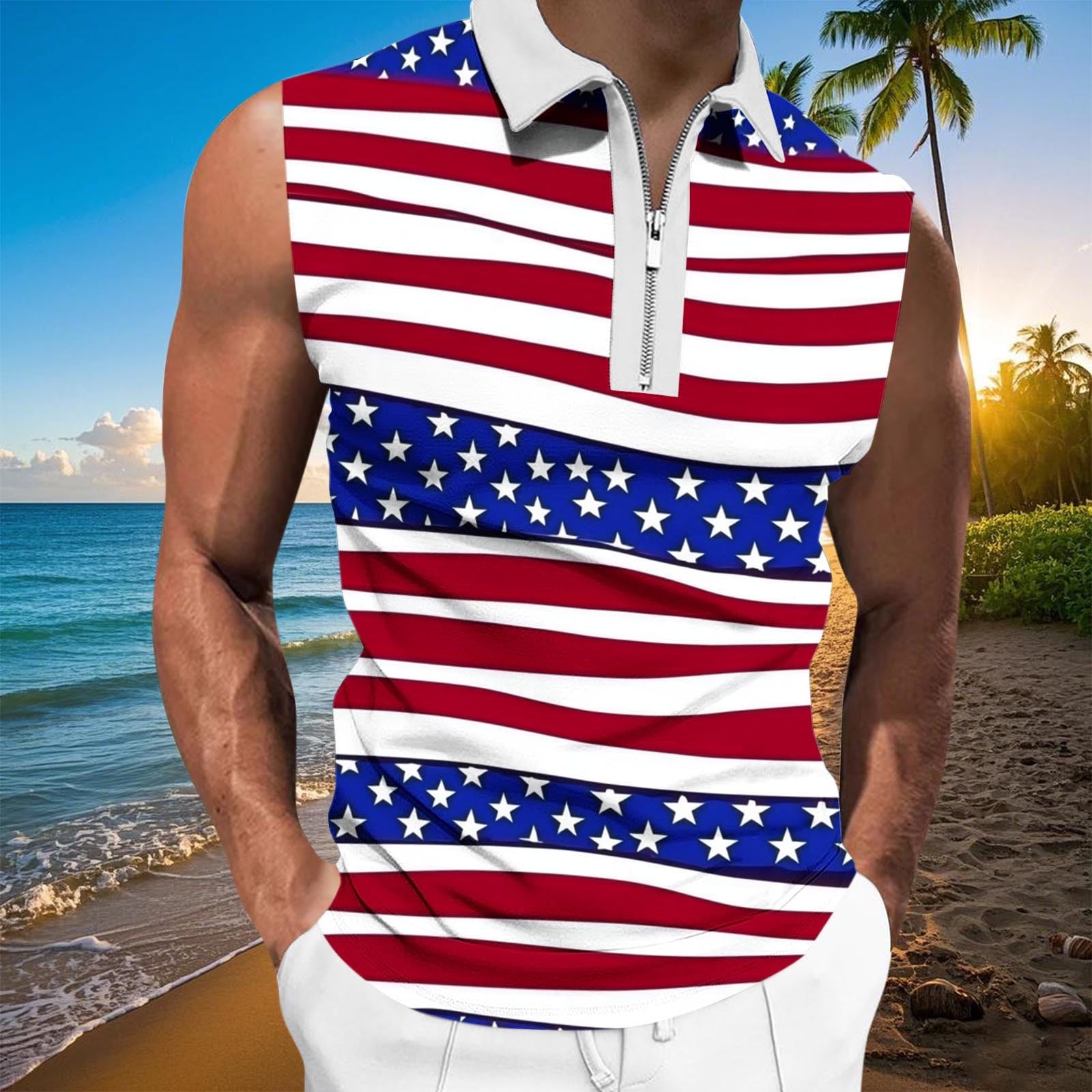 Abomasnow Men's American Flag Tank Tops 4th of July Half Zip Shirt ...