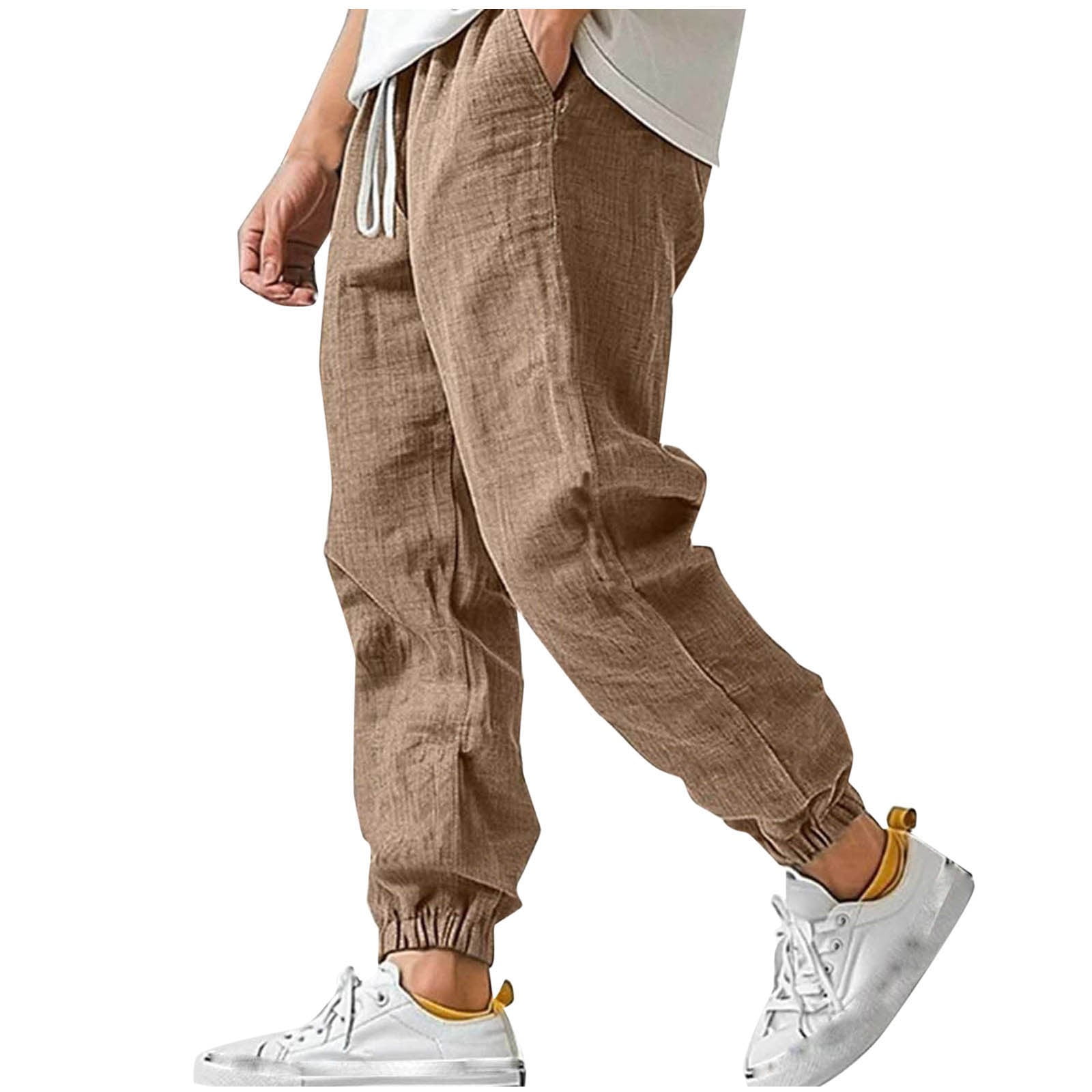 Abomasnow Men's Cotton and Linen Pants Elastic High Waist Drawstring ...
