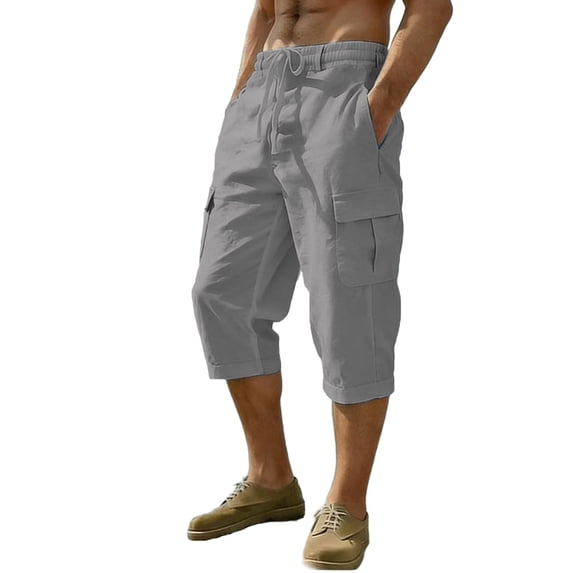 Abomasnow Men's Cotton and Linen Capri Pants Elastic High Waist ...