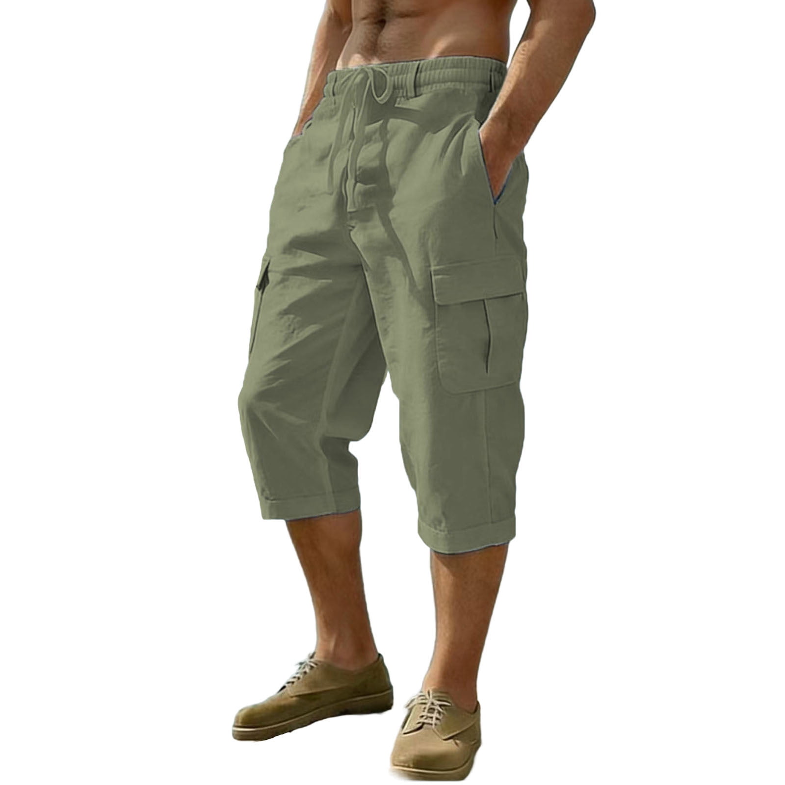 Abomasnow Men's Cotton and Linen Capri Pants Elastic High Waist ...