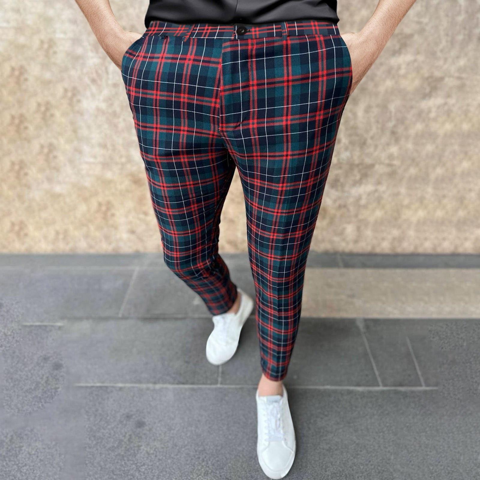 Abomasnow Men's Fashion Cotton Stretch Dress Pants Slim Fit Plaid Print ...