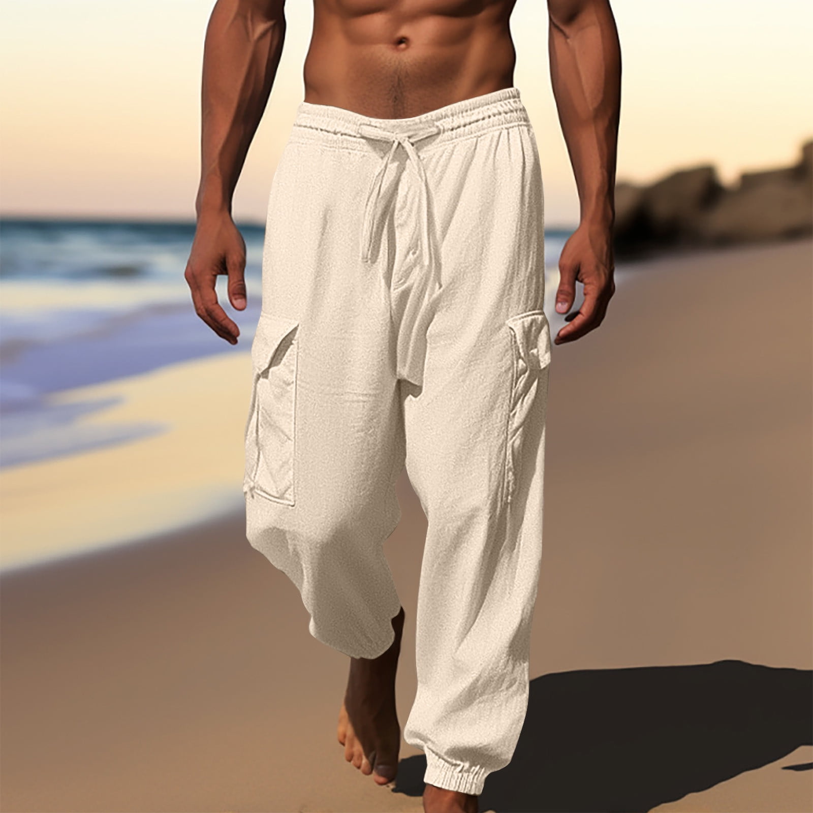Abomasnow Mens Casual Cotton Linen Pants Elastic Waist Drawstring ...