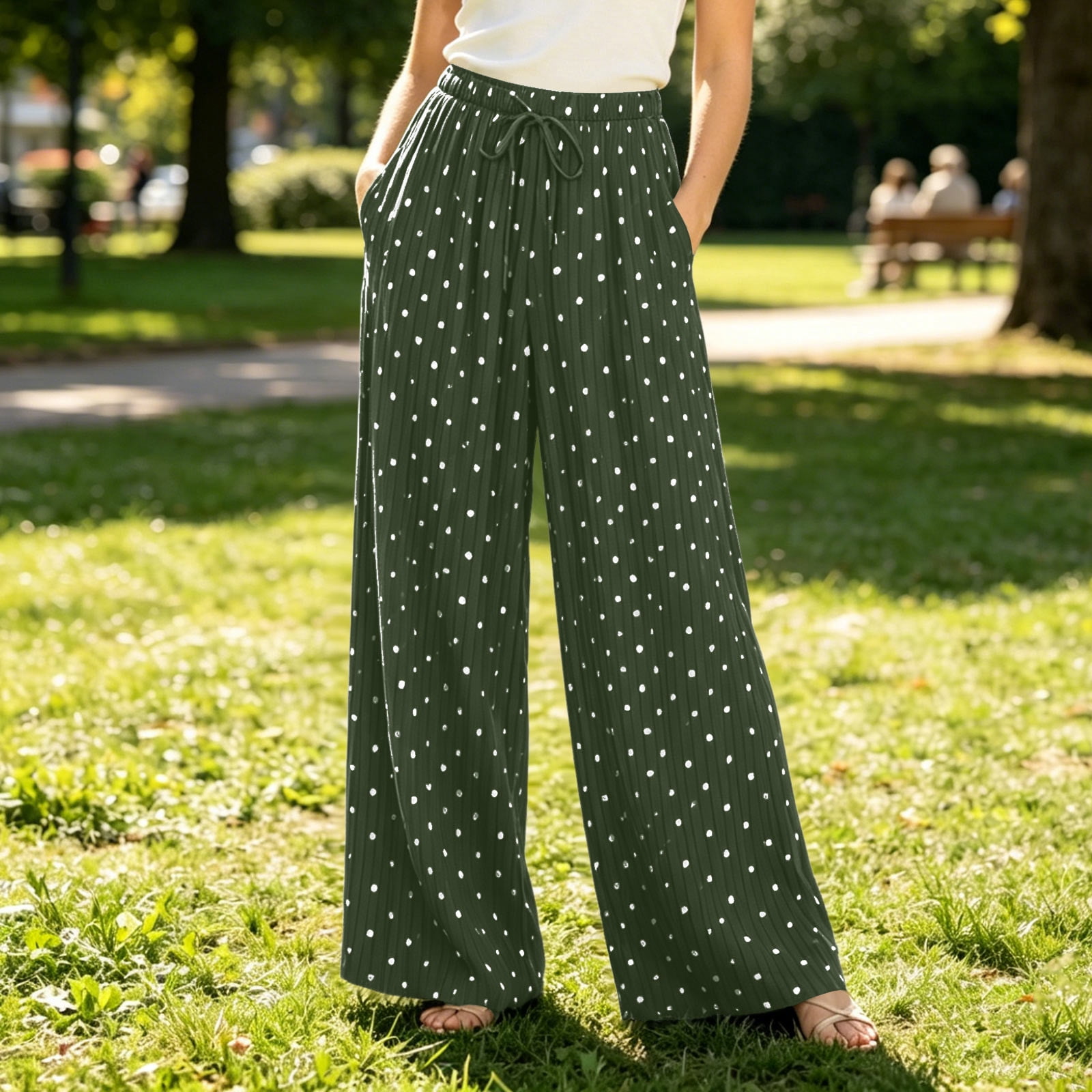 Abomasnow Palazzo Pants for Women Wide Leg Flowy Pants Elastic Mid ...