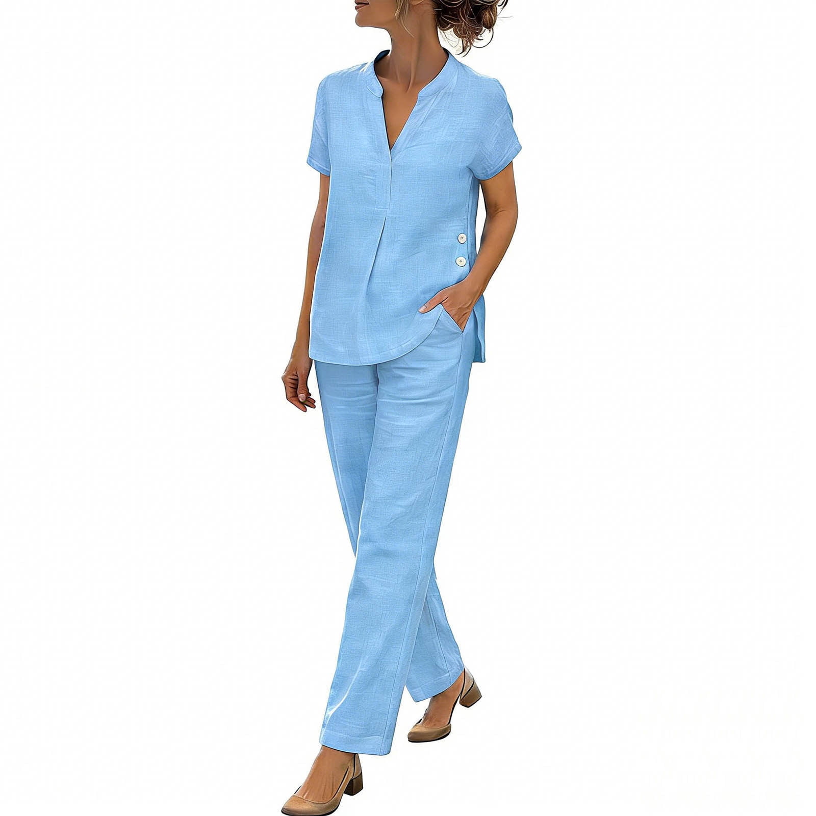 Abomasnow Women's 2 Piece Cotton and Linen Outfit Sets Short Sleeve V ...