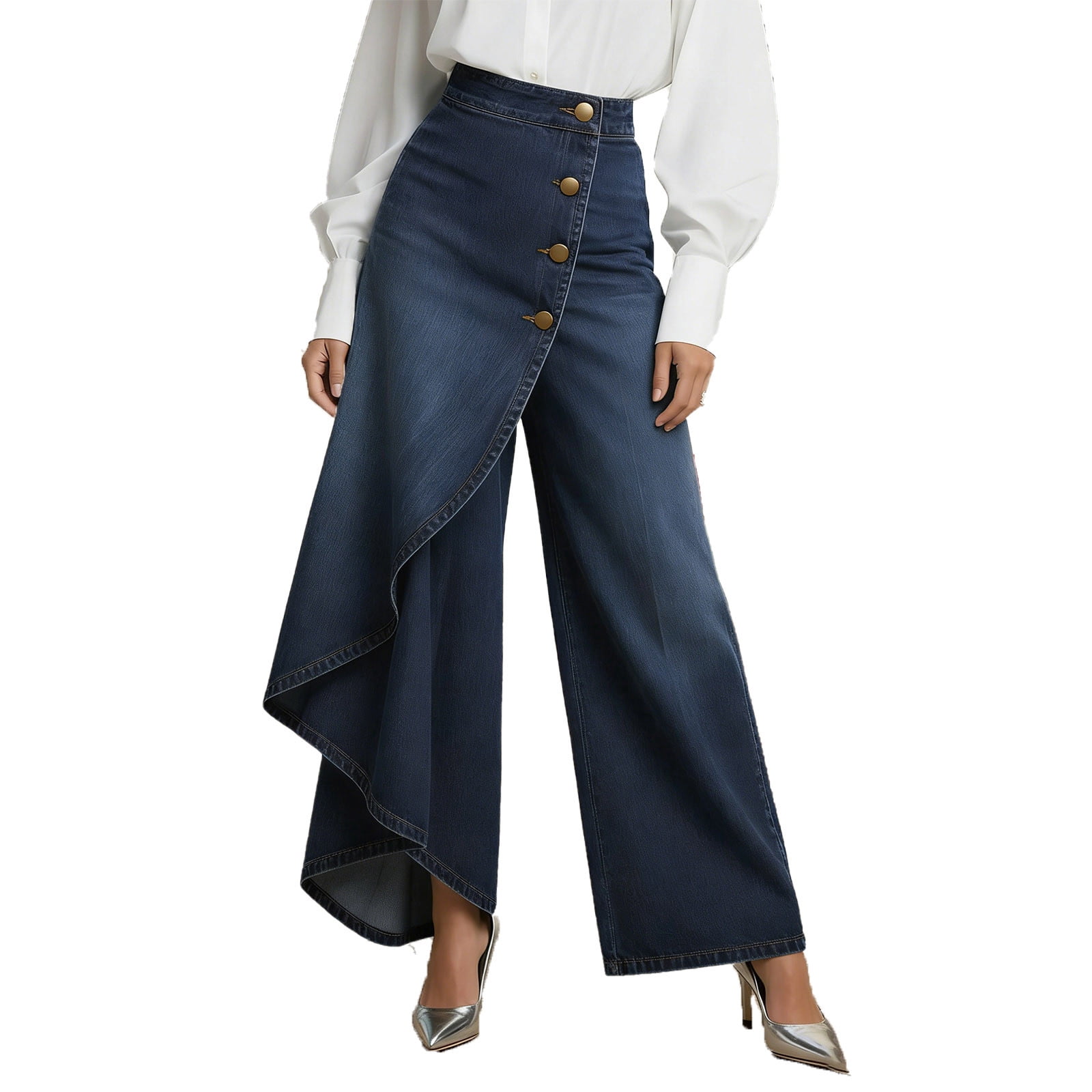 Abomasnow Women's Asymmetrical Wrap Denim Pants High Waisted Button ...