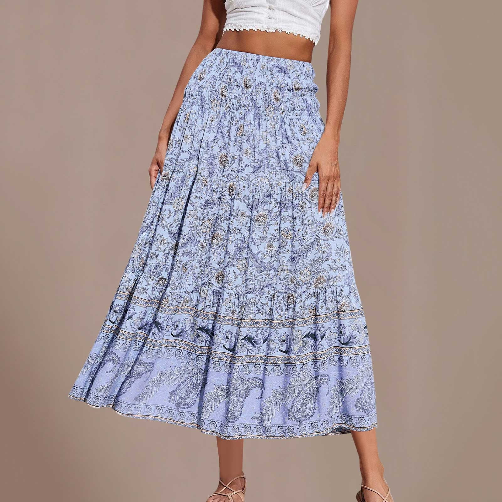 Abomasnow Women's Boho Maxi Skirt Vintage Floral Print Elastic High ...