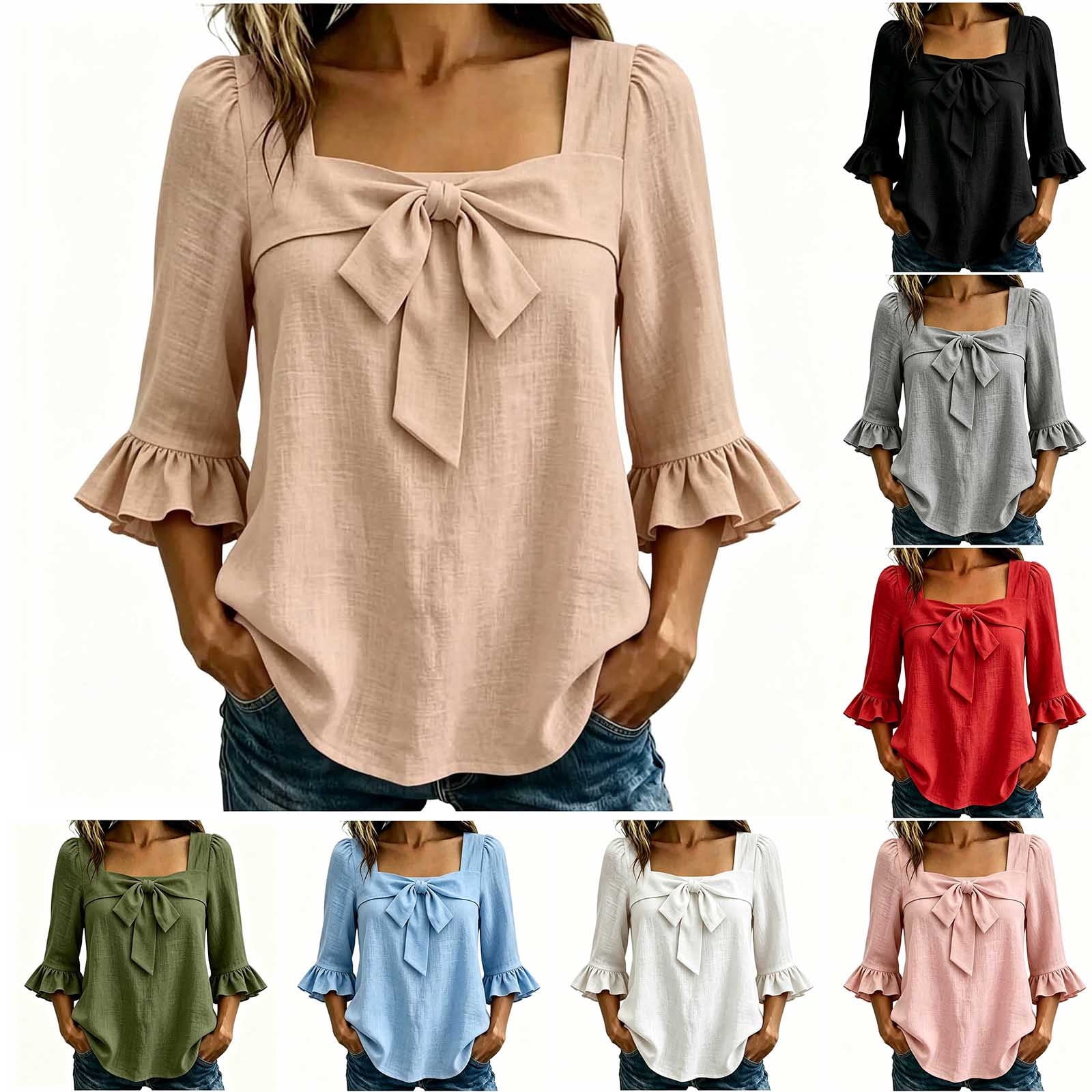 Abomasnow Women's Cotton Blouse 3/4 Length Ruffle Sleeve Square Neck ...