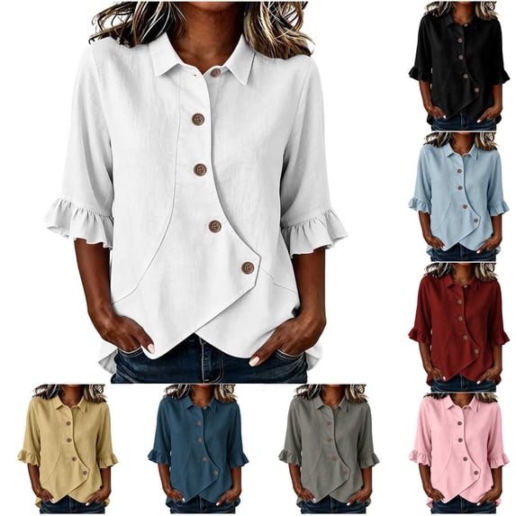 Abomasnow Women's Cotton Linen Button Down Shirts Ruffled 3/4 Length ...