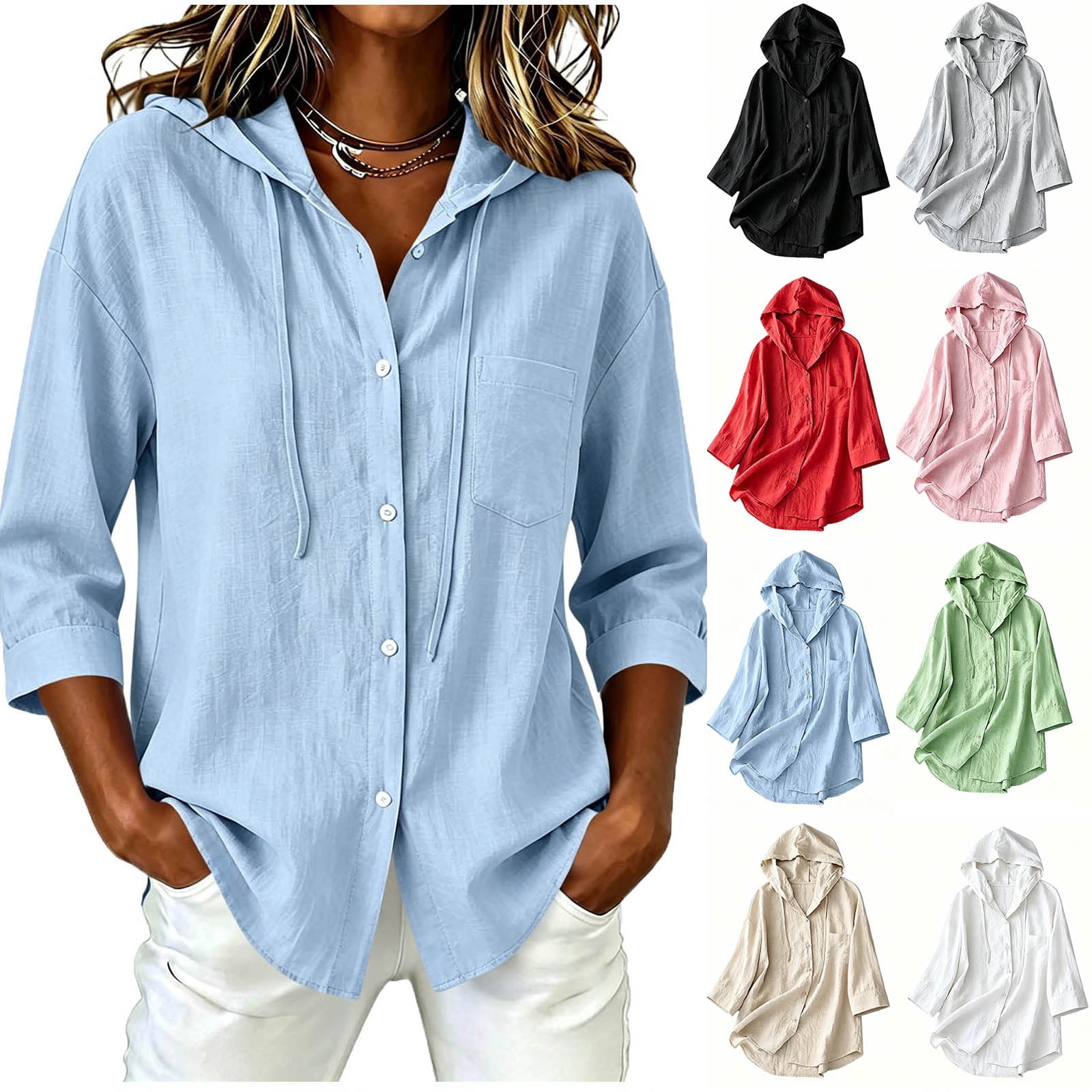 Abomasnow Women's Cotton and Linen Hooded Shirts Button Down Shirt 3/4 ...