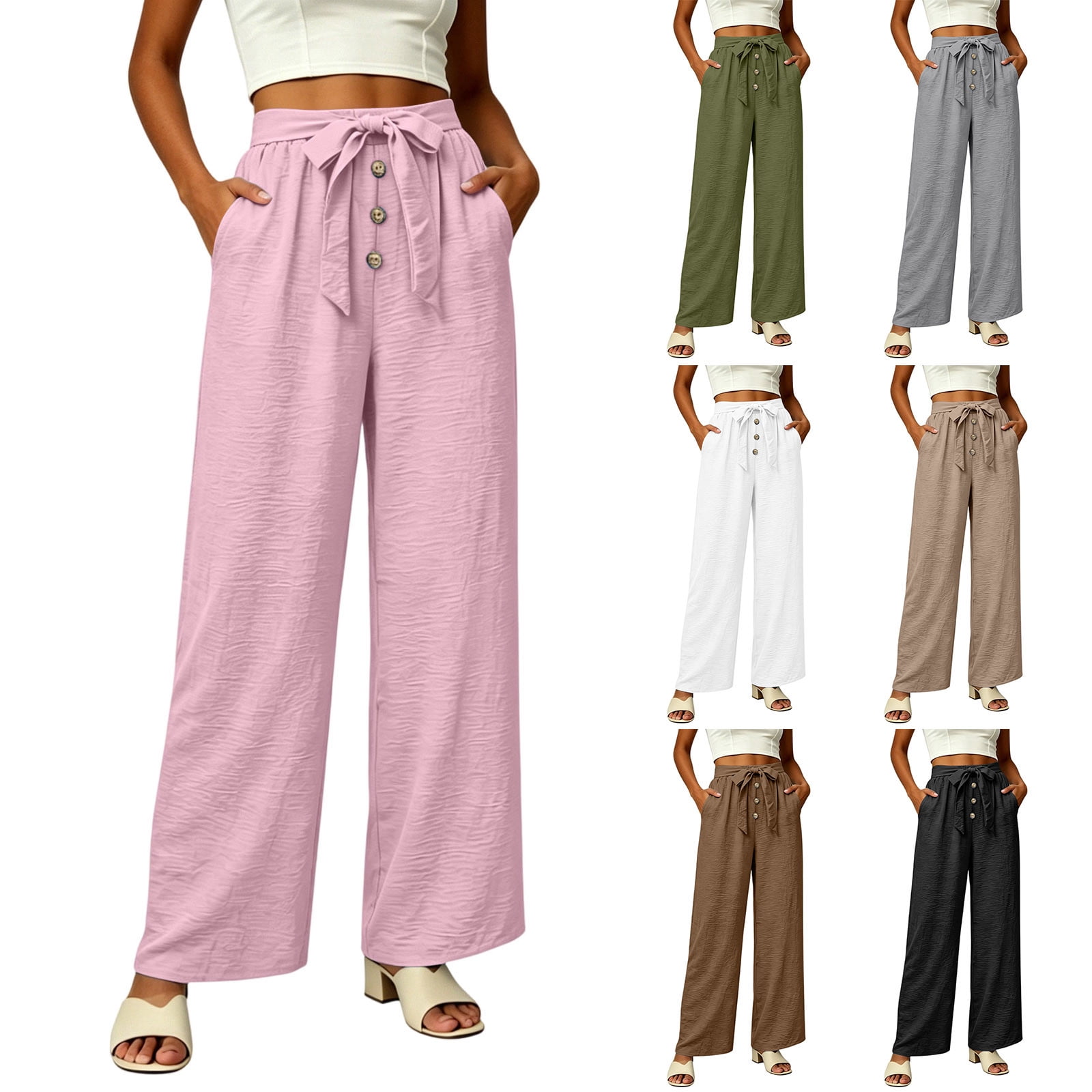 Abomasnow Women's Cotton Linen Pants Elastic High Waist Wide Leg Pants ...