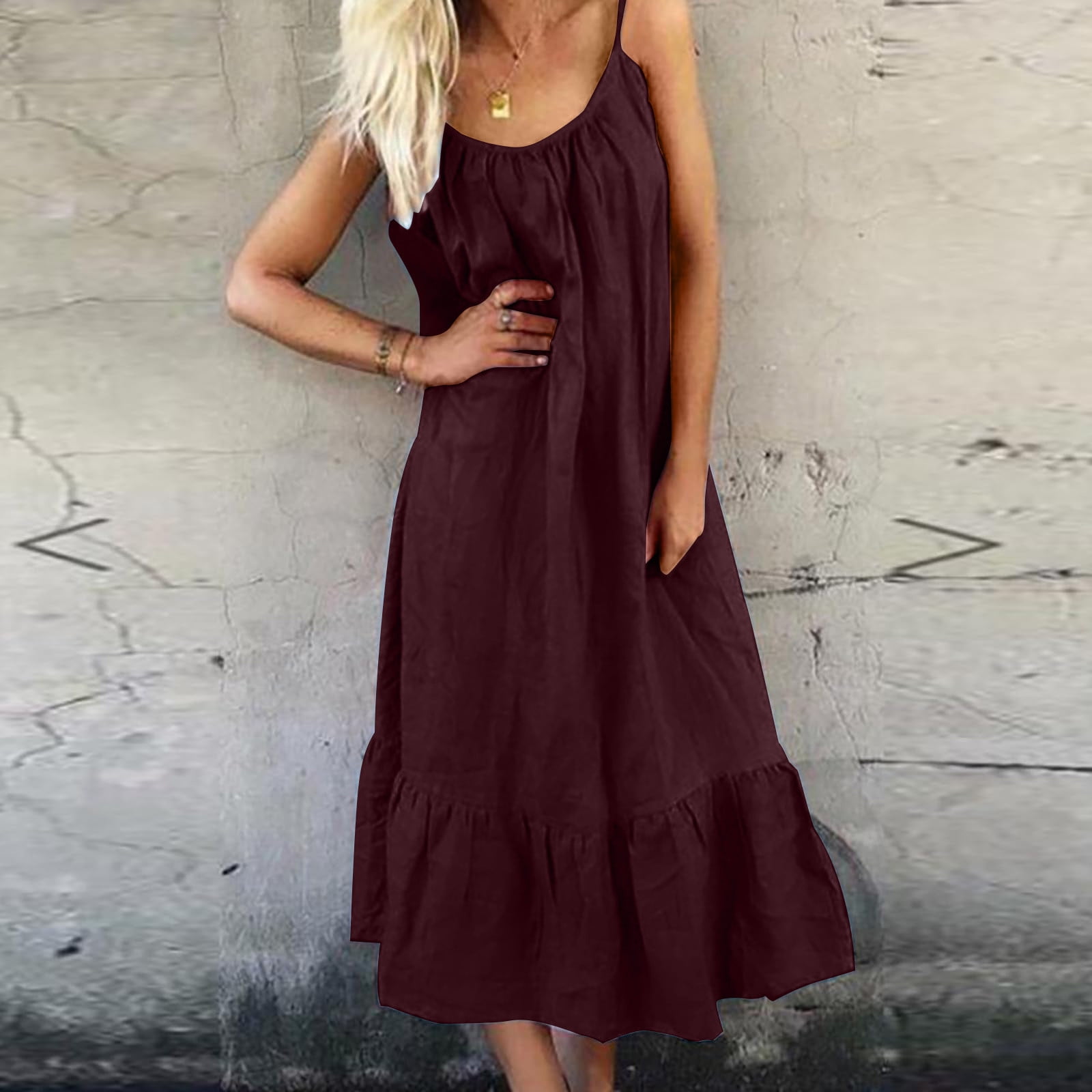 Abomasnow Women's Cotton Maxi Dress Ajustable Spaghetti Strap Ruffle ...