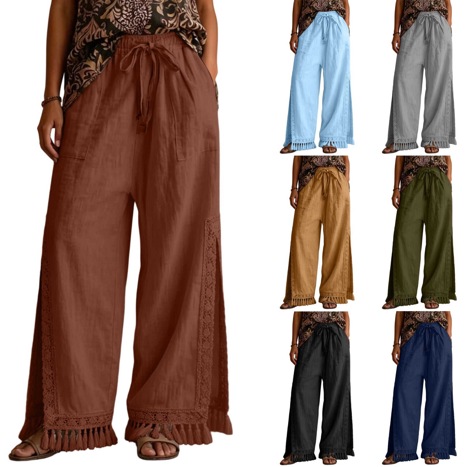 Abomasnow Women's Cotton Pants Elastic High Waist Drawstring Wide Leg ...