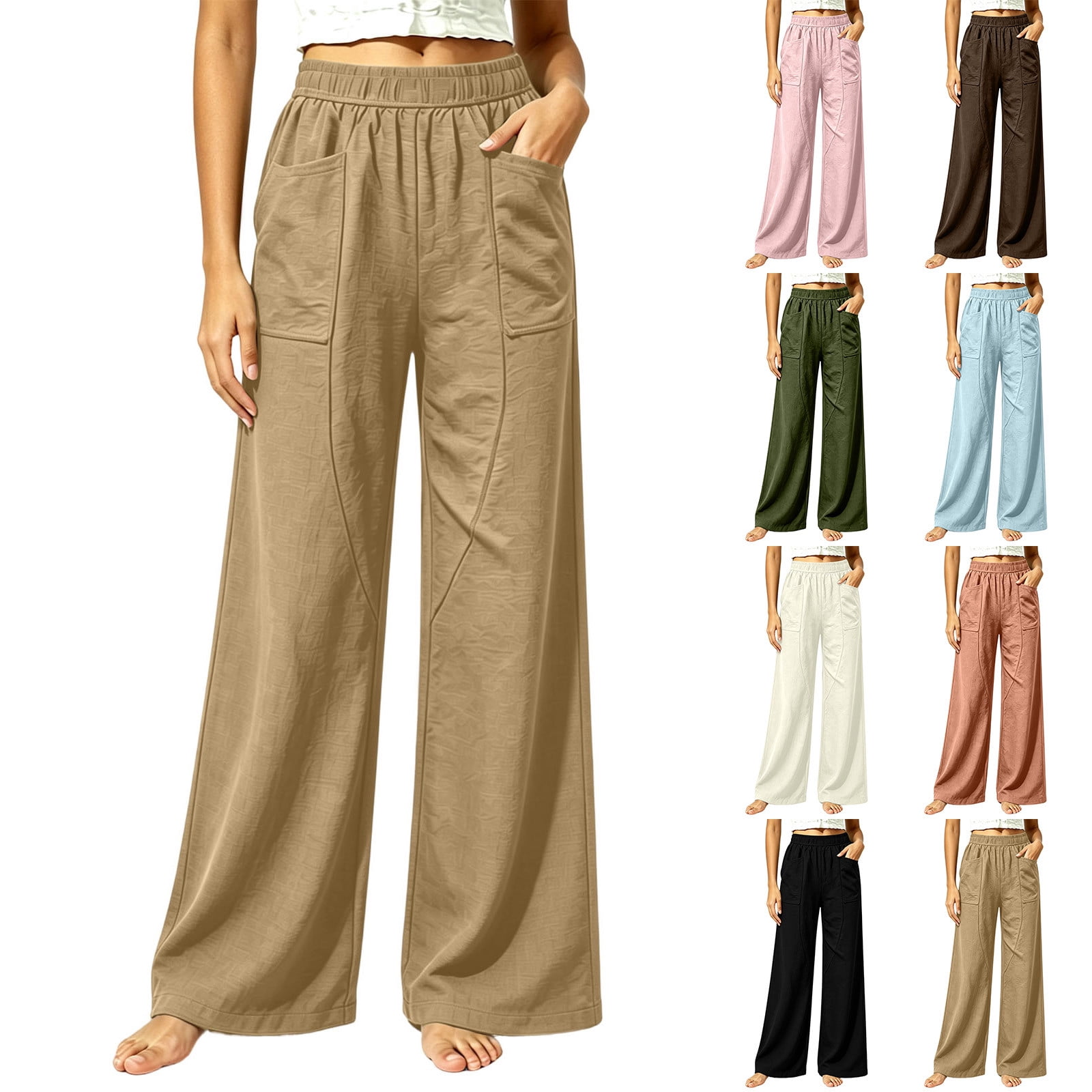 Abomasnow Women's Cotton Pants Elastic High Waist Wide Leg Pants Casual ...